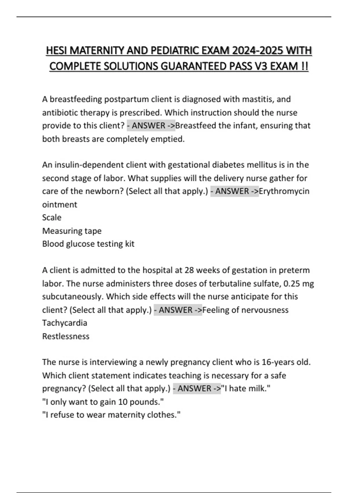 HESI MATERNITY AND PEDIATRIC EXAM WITH COMPLETE SOLUTIONS GUARANTEED ...