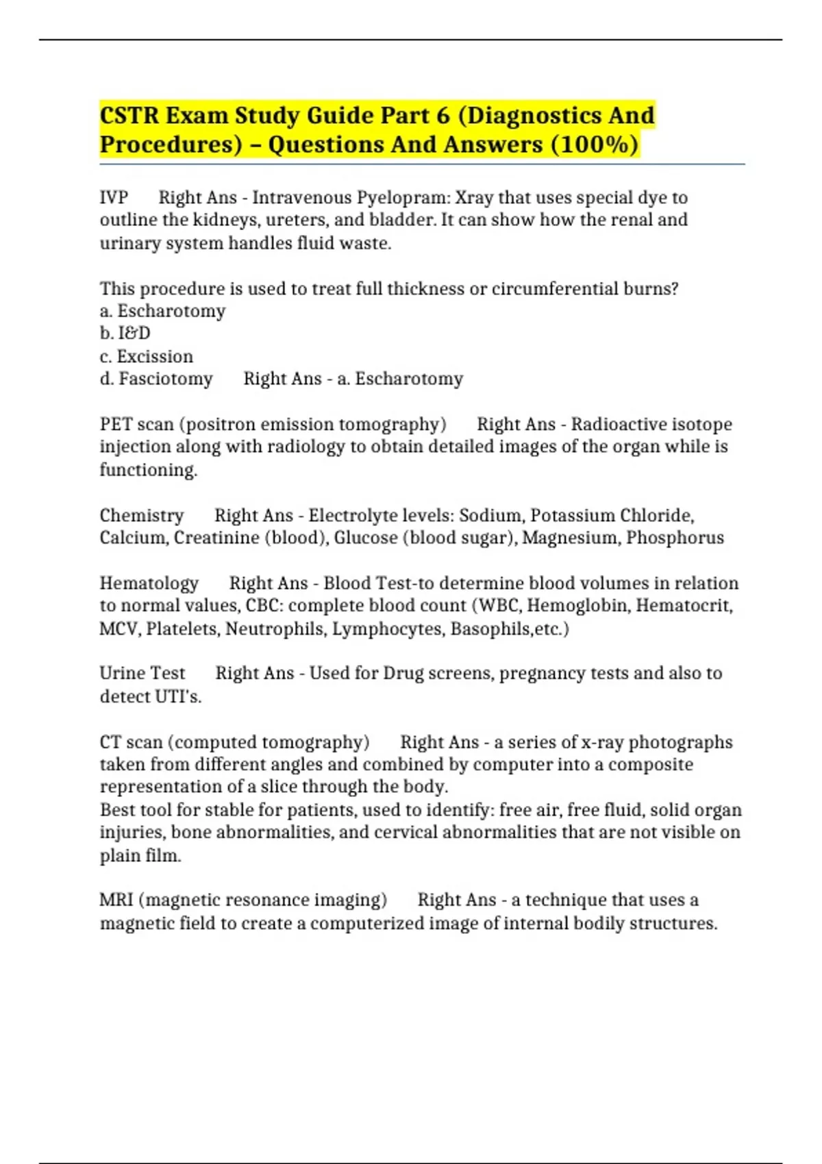 CSTR Exam Study Guide Part 6 (Diagnostics And Procedures) – Questions And Answers (100%) - CSTR ...