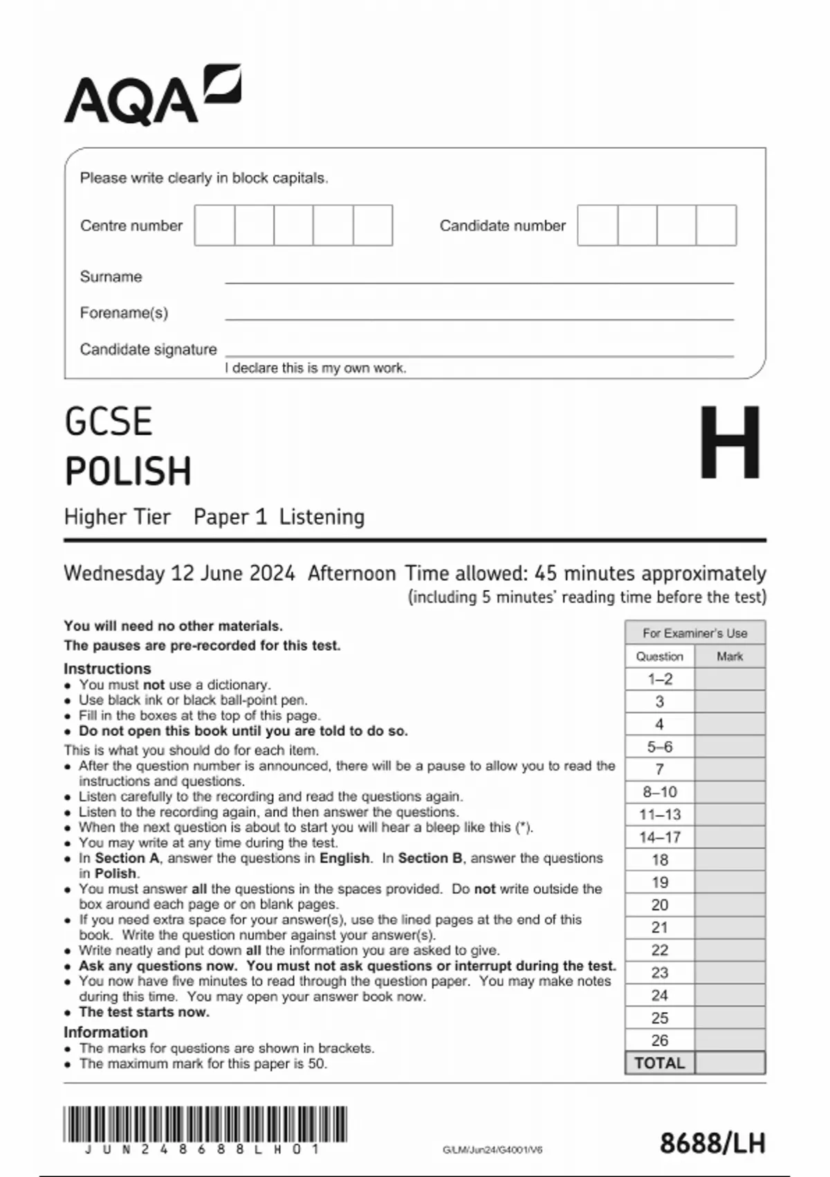 2024 AQA GCSE POLISH PAPER 1 QP (8688/LH : Listening) Higher Tier - AQA ...