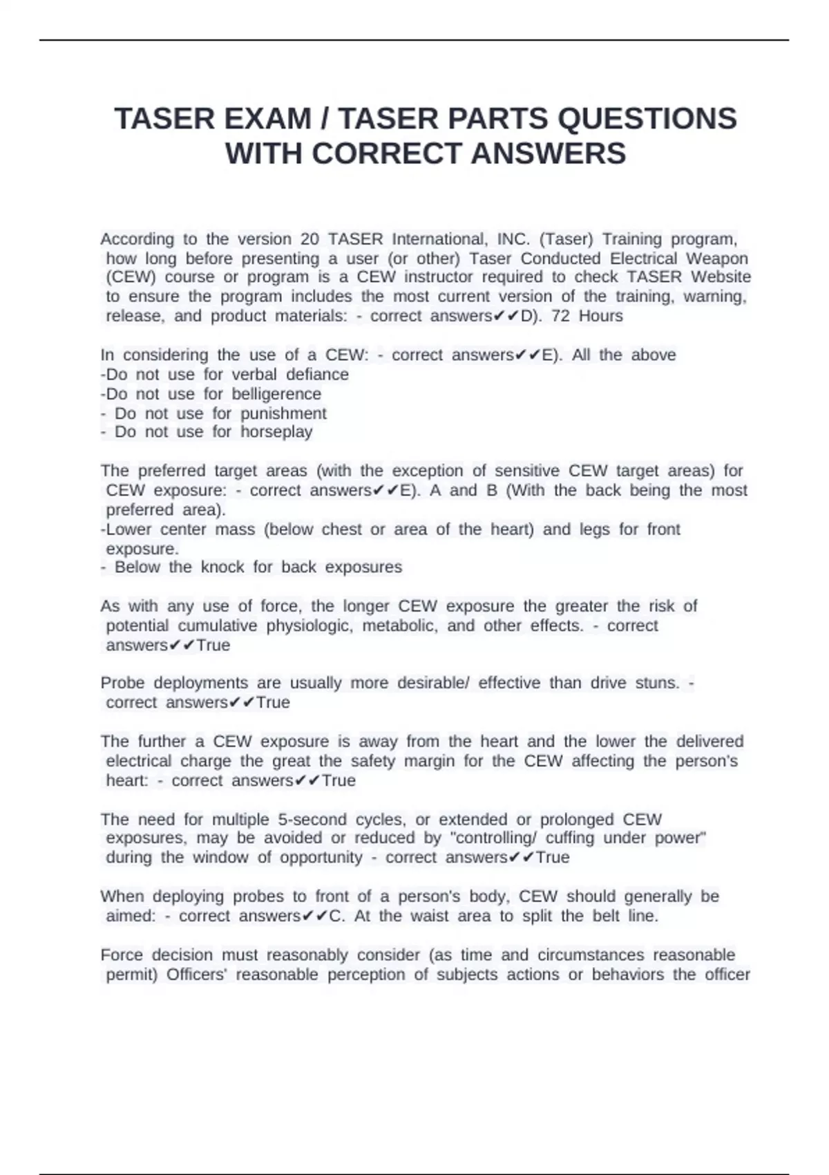 TASER EXAM / TASER PARTS QUESTIONS WITH CORRECT ANSWERS - TASER - Stuvia US