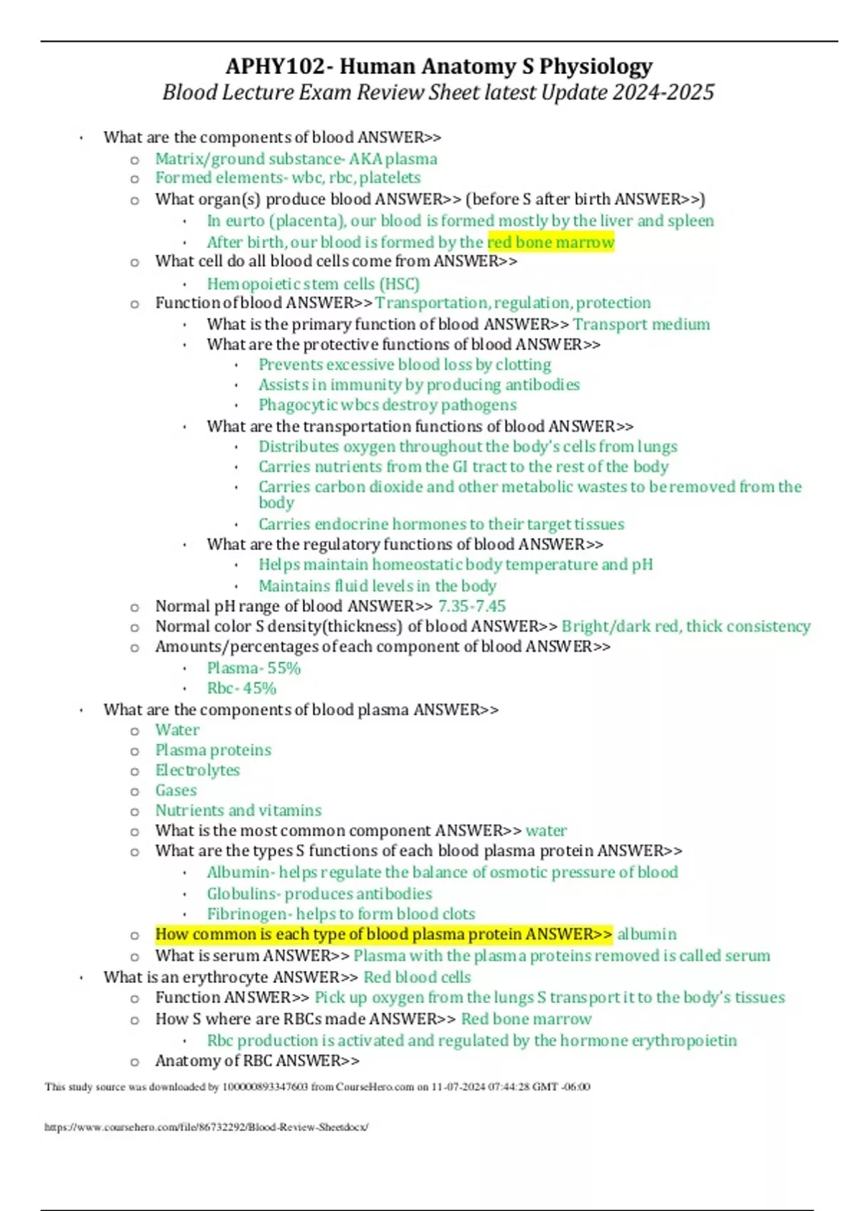 APHY102- Human Anatomy S Physiology Blood Lecture Exam Review Sheet ...
