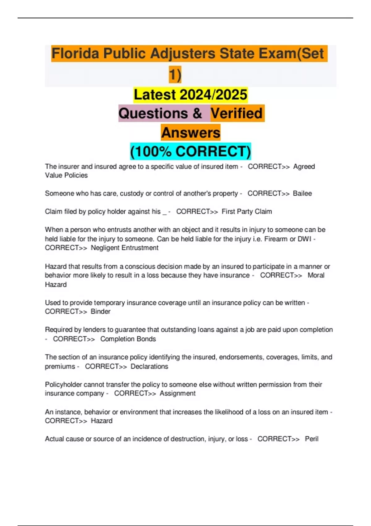 Florida Public Adjusters State Exam (Set 1 Latest 2024/2025 Questions ...