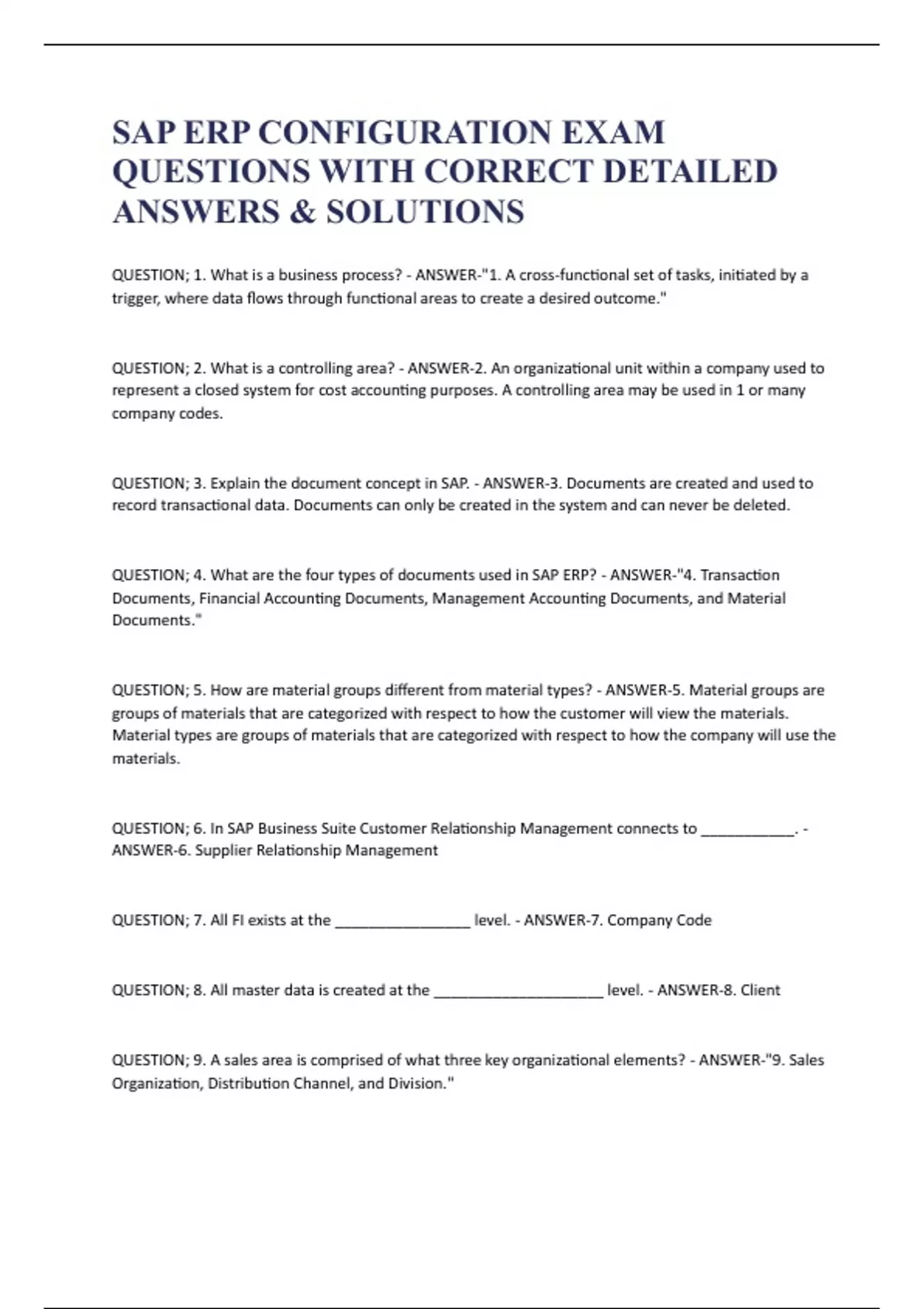 Sap Erp Configuration Exam Questions With Correct Detailed Answers And Solutions Sap Erp