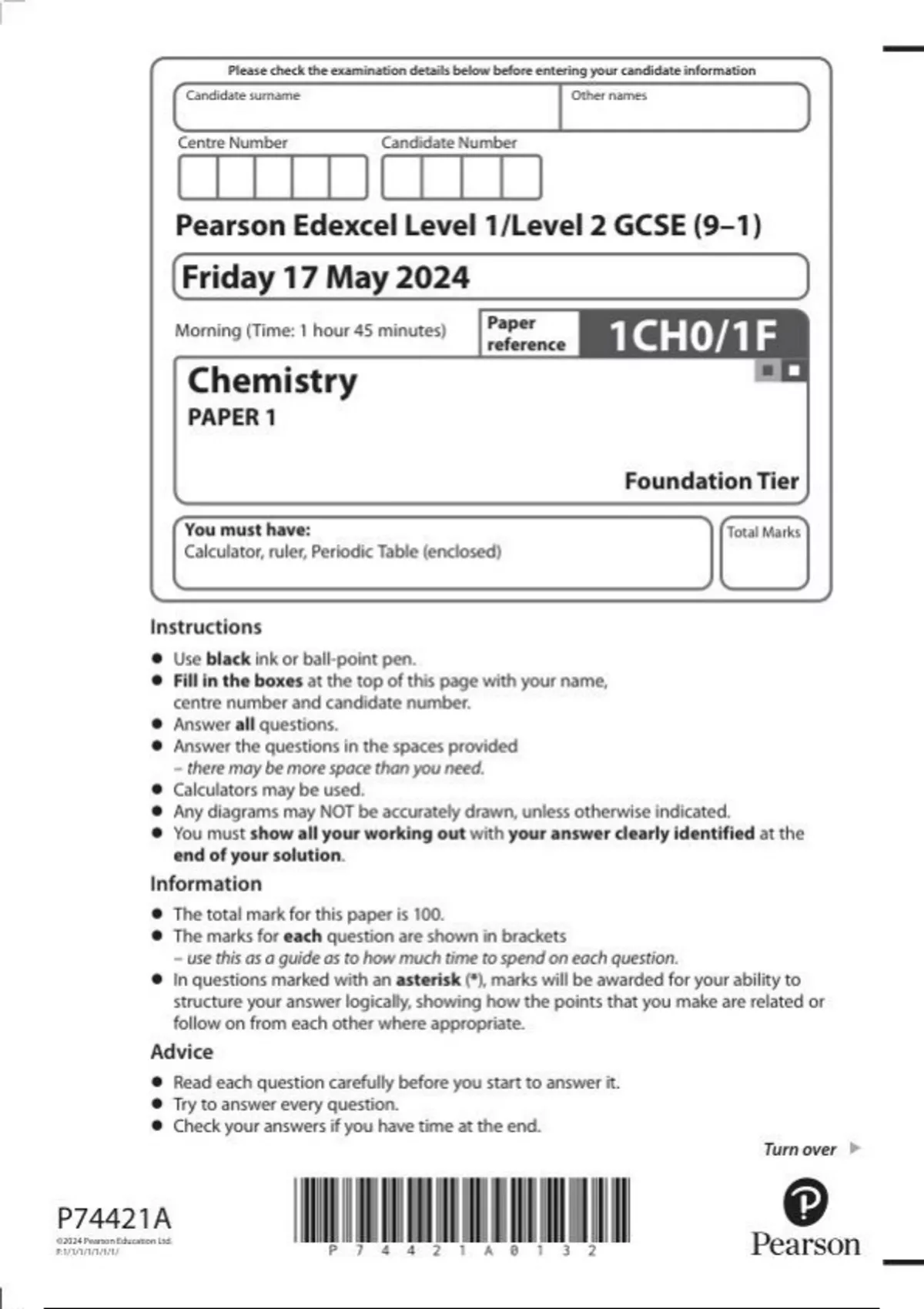 Pearson Edexcel Level 1/Level 2 GCSE (9–1) Chemistry PAPER 1 Foundation ...