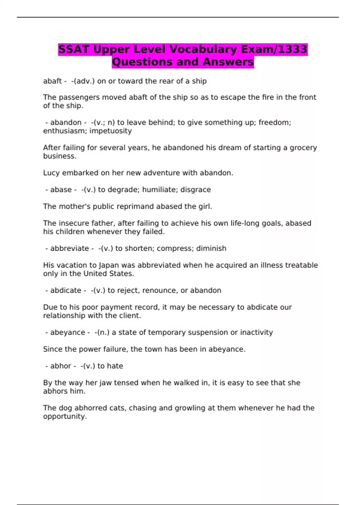 SSAT Upper Level Vocabulary Exam/1333 Questions and Answers - SSAT ...