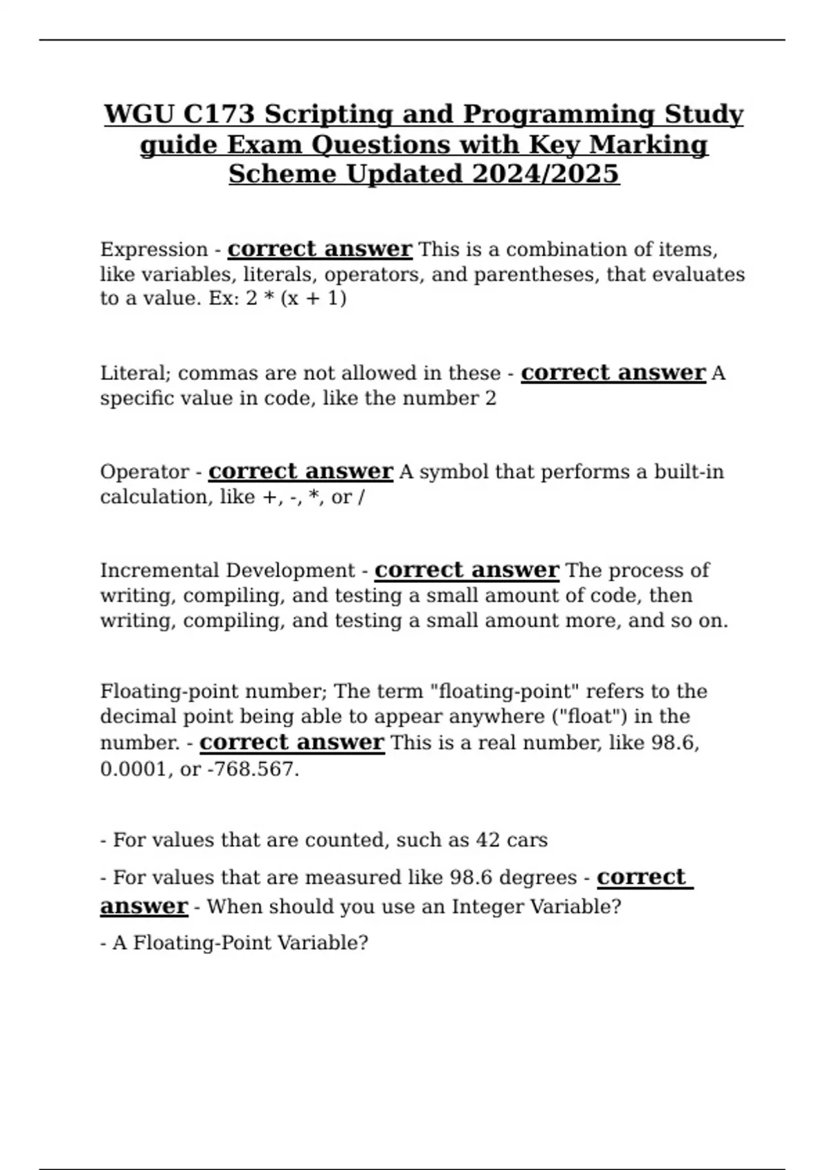 WGU C173 Scripting and Programming Study guide Exam Questions with Key Marking Scheme Updated ...
