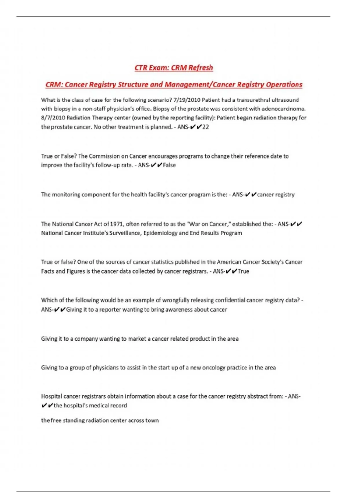 CTR Exam: CRM Refresh CRM: Cancer Registry Structure and Management ...