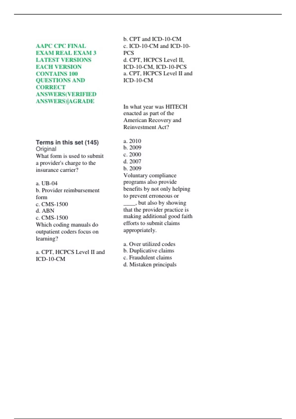 AAPC CPC FINAL EXAM REAL EXAM 3 LATEST VERSIONS EACH VERSION CONTAINS ...