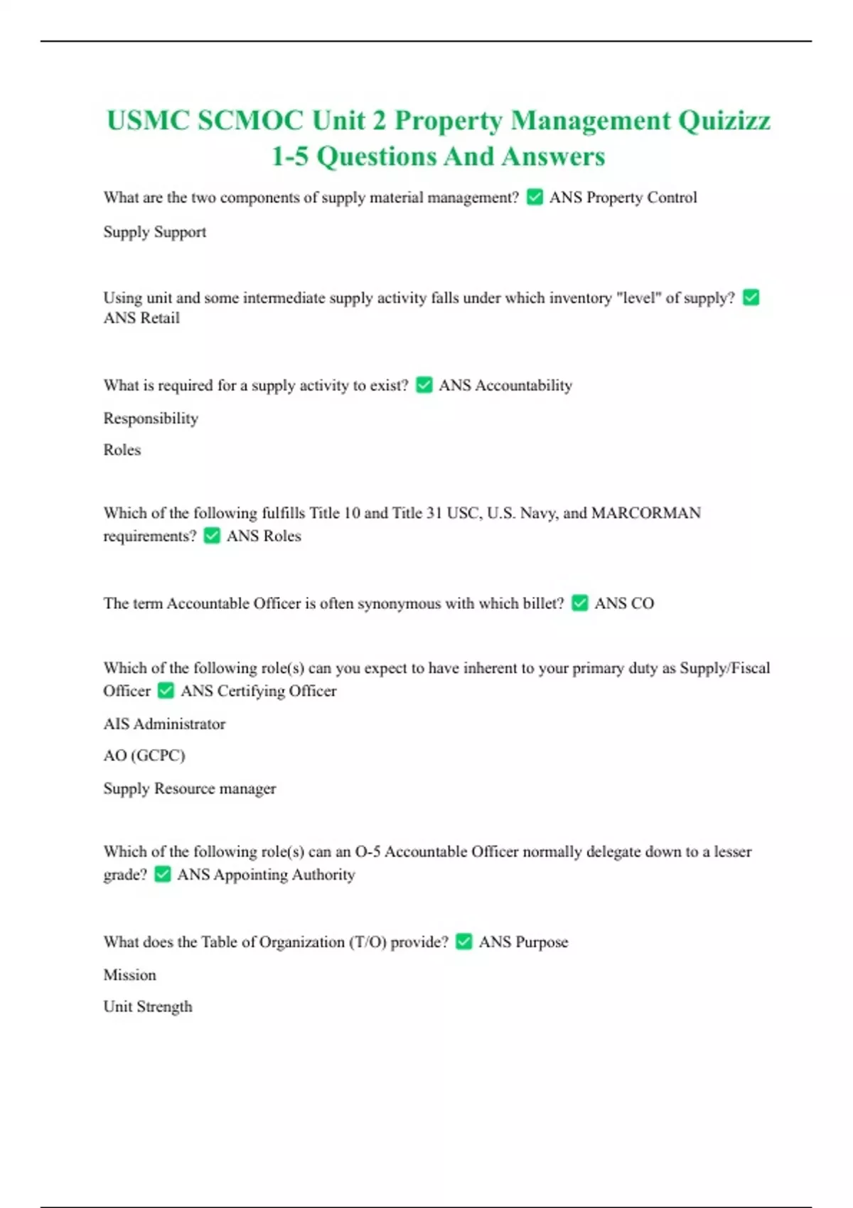 USMC SCMOC Unit 2 Property Management Quizizz 1-5 Questions And Answers ...