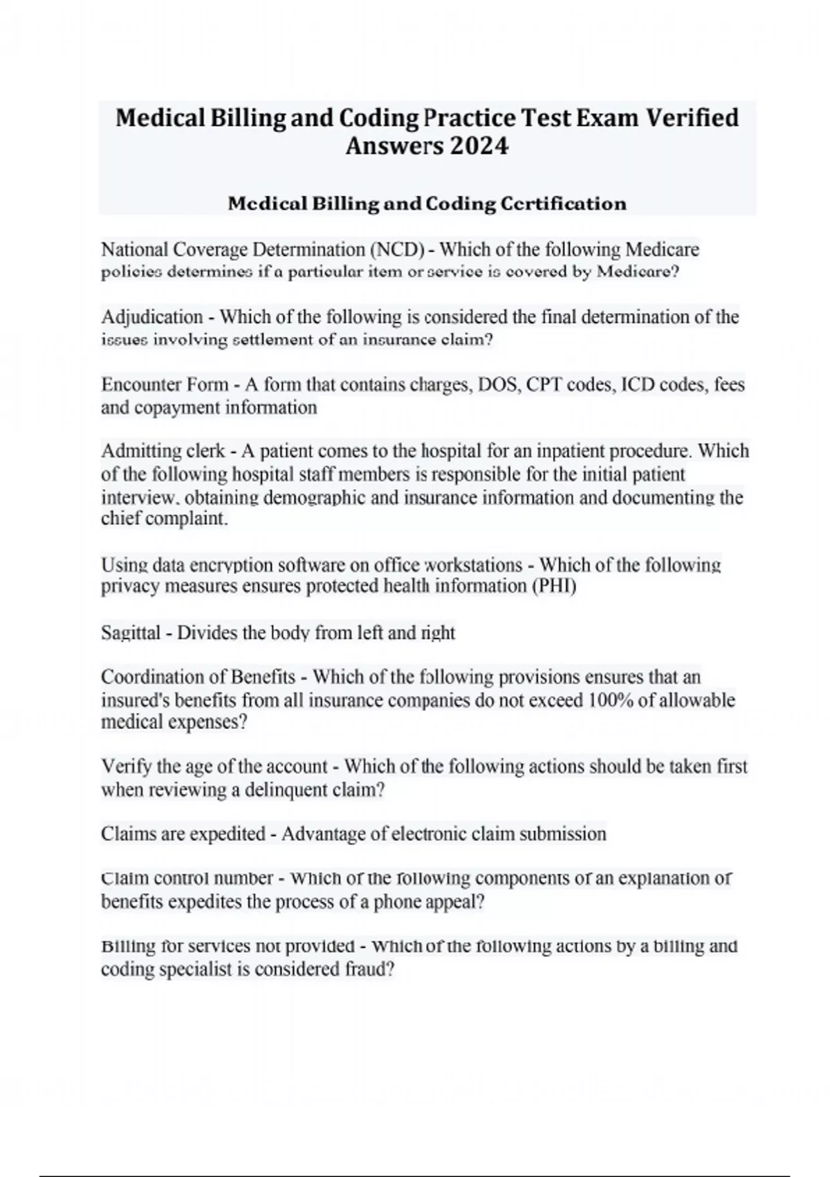 Medical Billing and Coding Practice Test Exam Verified Answers 2024 ...