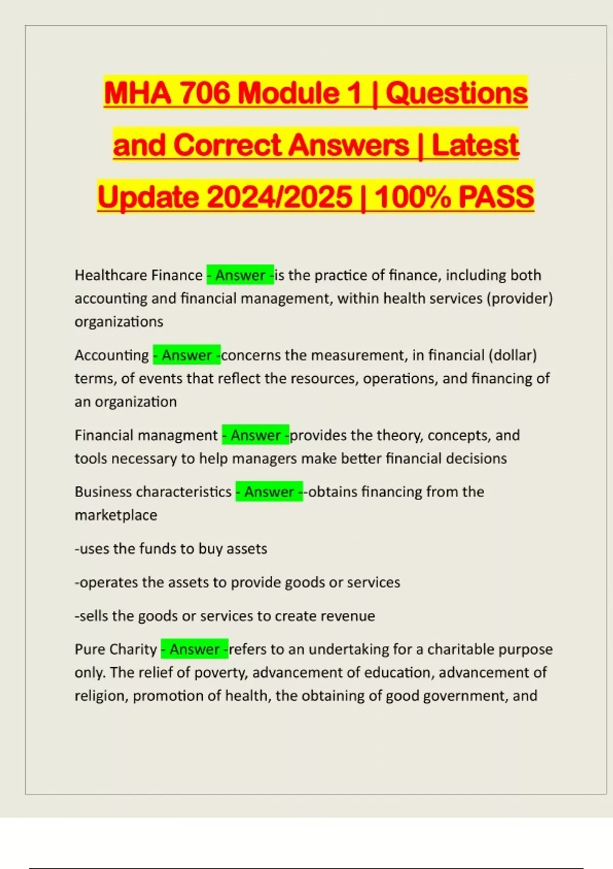 MHA 706 Module 1 | Questions and Correct Answers | Latest Update 2024/ ...