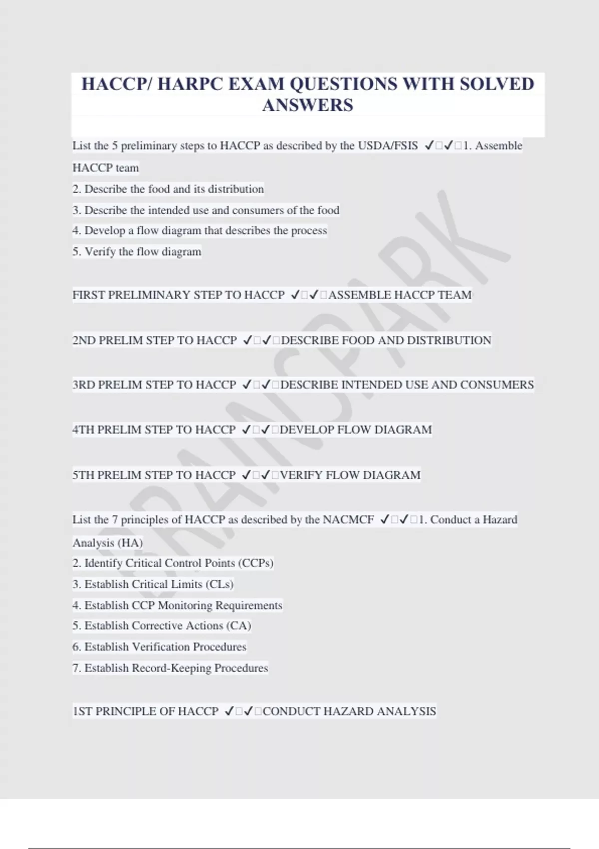 HACCP/ HARPC EXAM QUESTIONS WITH SOLVED ANSWERS - HACCP/ HARPC - Stuvia US