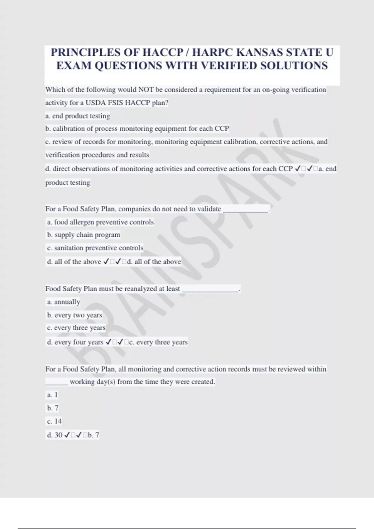 PRINCIPLES OF HACCP / HARPC KANSAS STATE U EXAM QUESTIONS WITH VERIFIED ...