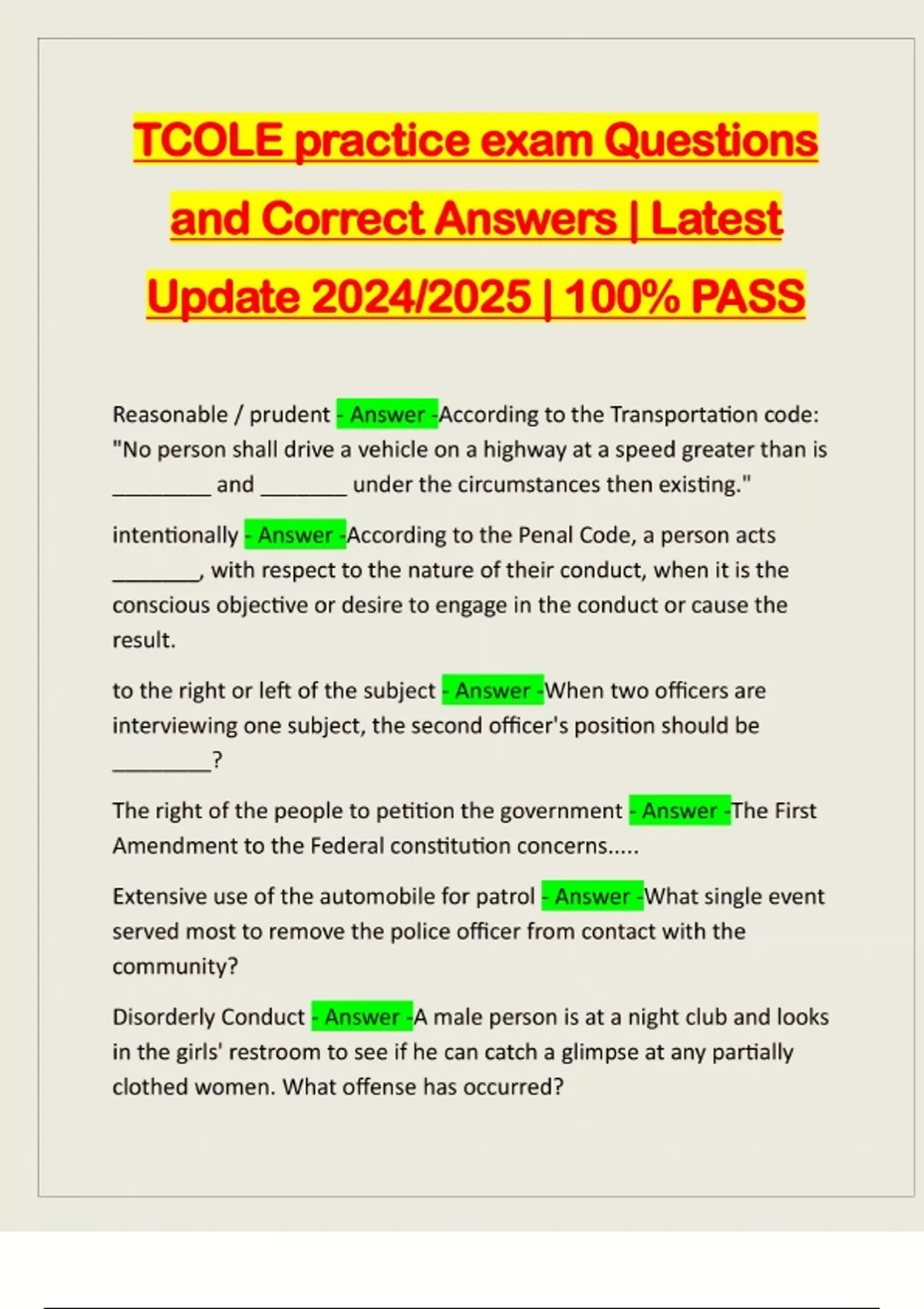 TCOLE practice exam Questions and Correct Answers | Latest Update 2024/ ...