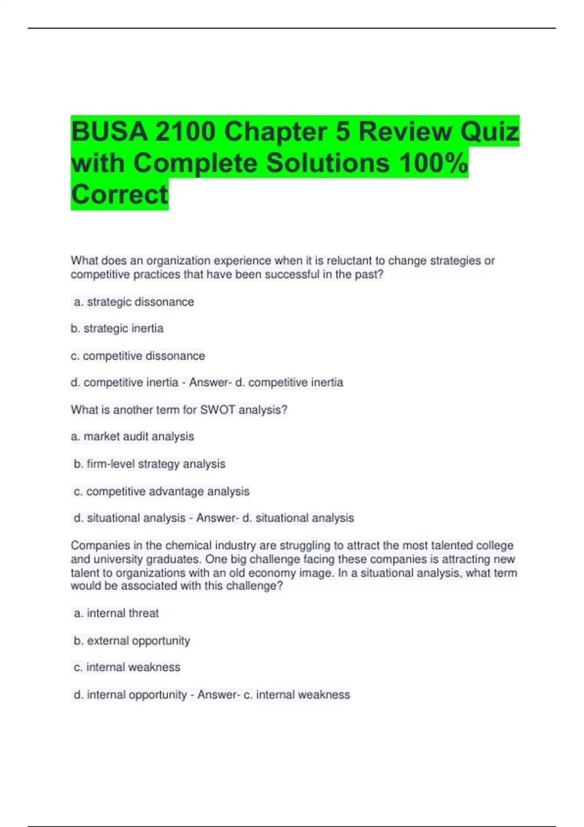 BUSA 2100 Chapter 5 Review Quiz with Complete Solutions 100% Correct - BUSA 2100 - Stuvia US