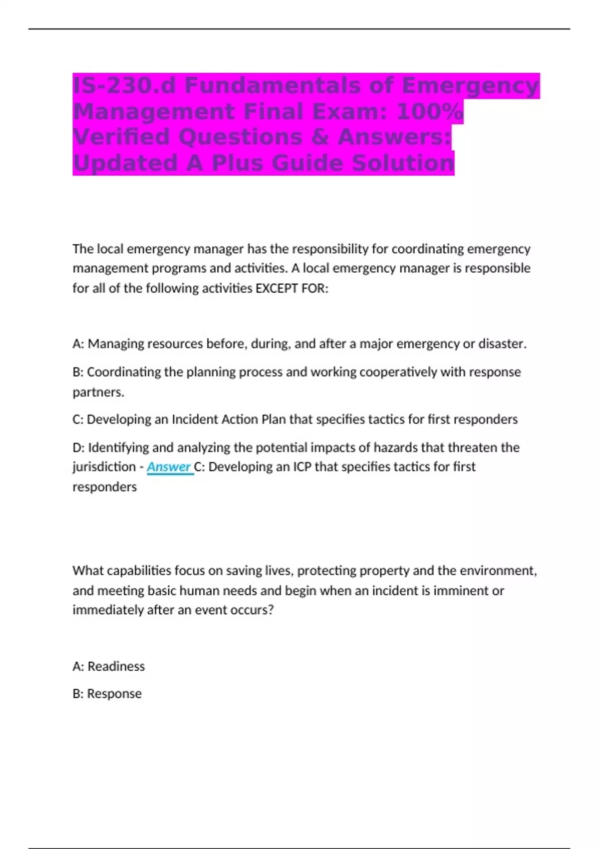 IS-230.d Fundamentals of Emergency Management Final Exam: 100% Verified ...