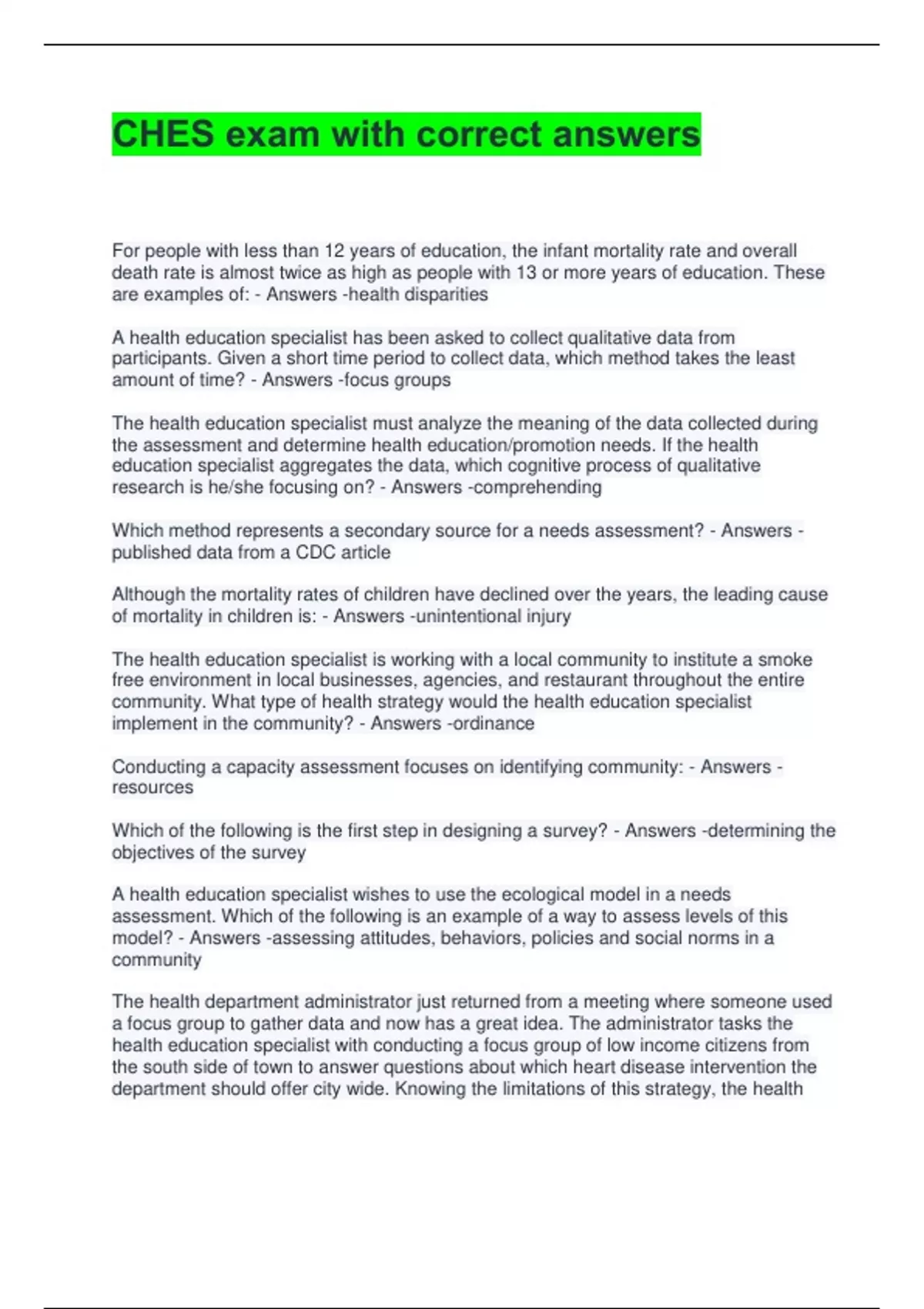 CHES exam with correct answers - CHES - Stuvia US