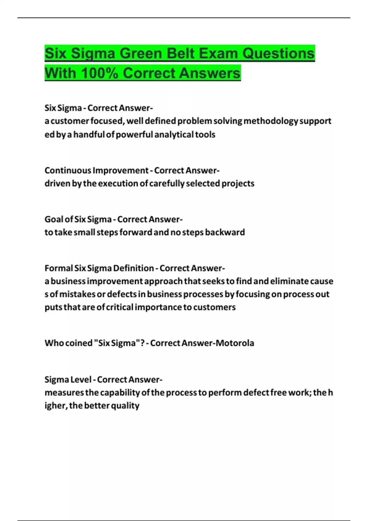 Six Sigma Green Belt Exam Questions With 100% Correct Answers 2024 ...