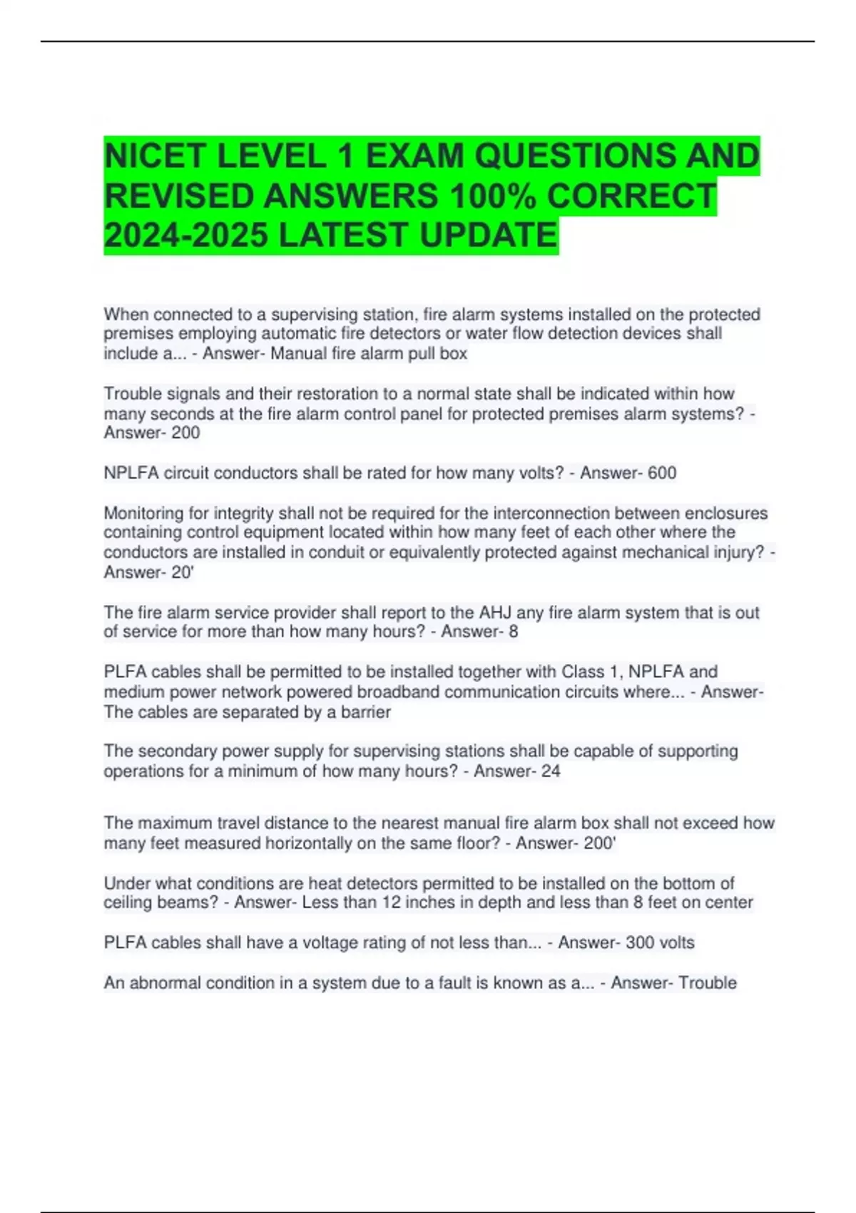 NICET LEVEL 1 EXAM QUESTIONS AND REVISED ANSWERS 100% CORRECT LATEST ...