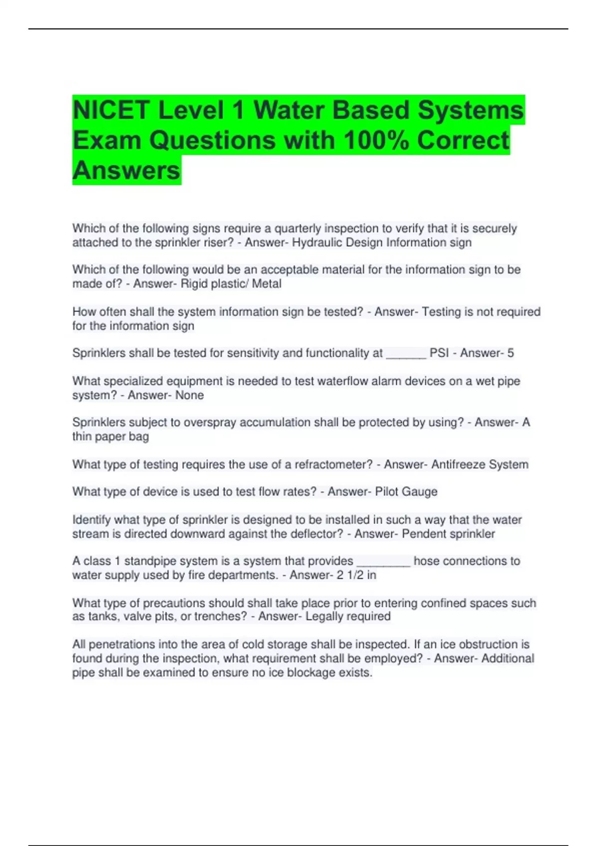 NICET Level 1 Water Based Systems Exam Questions with 100% Correct ...