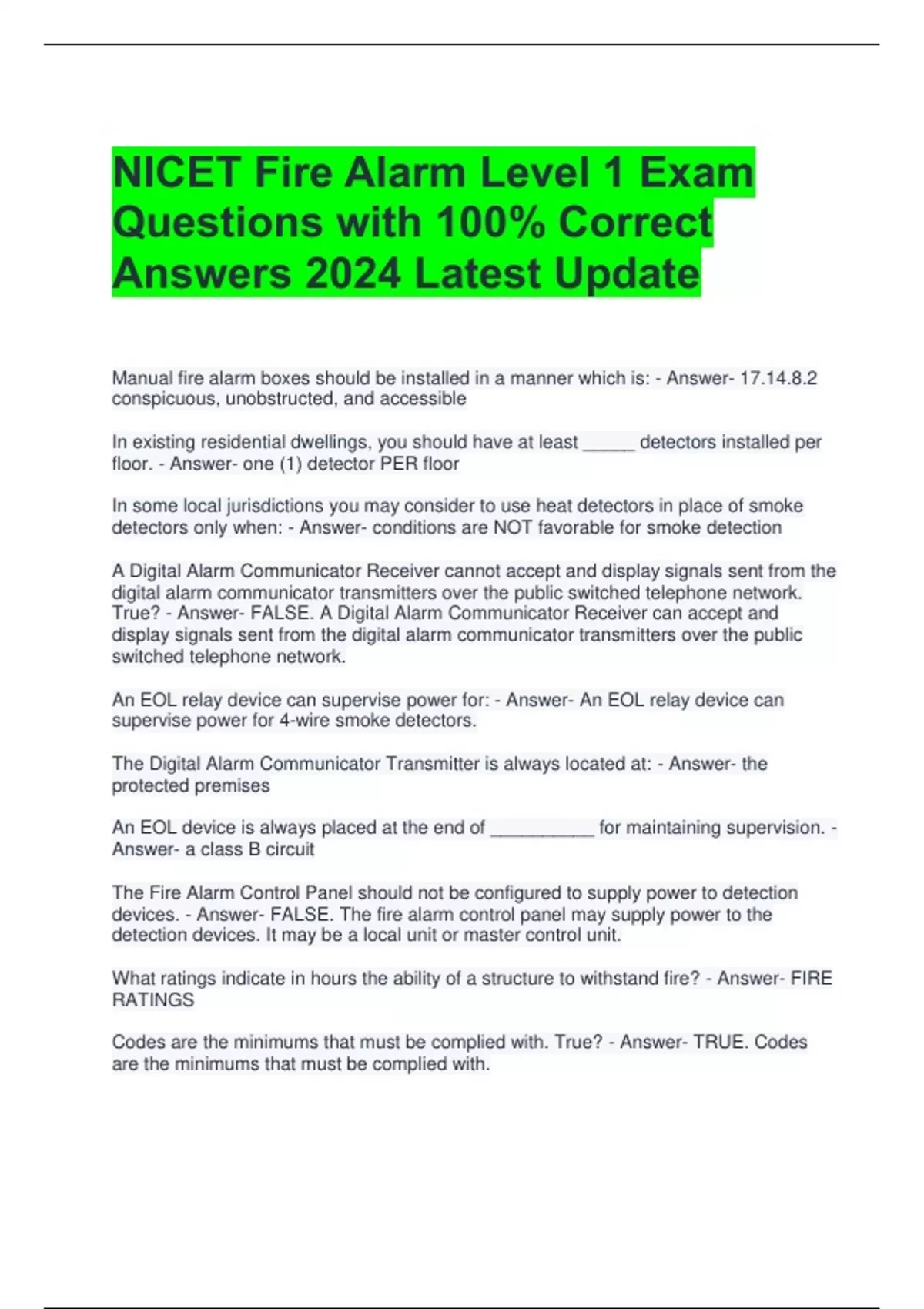 NICET Fire Alarm Level 1 Exam Questions with 100% Correct Answers 2024 ...