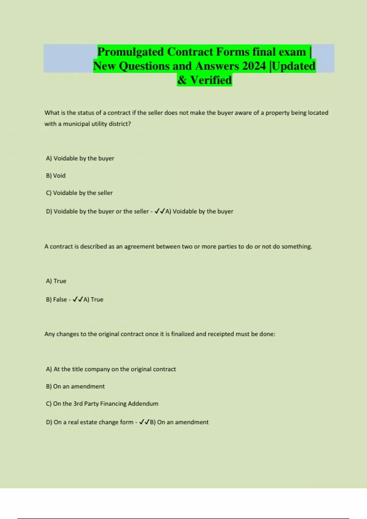 Promulgated Contract Forms final exam | New Questions and Answers 2024 ...