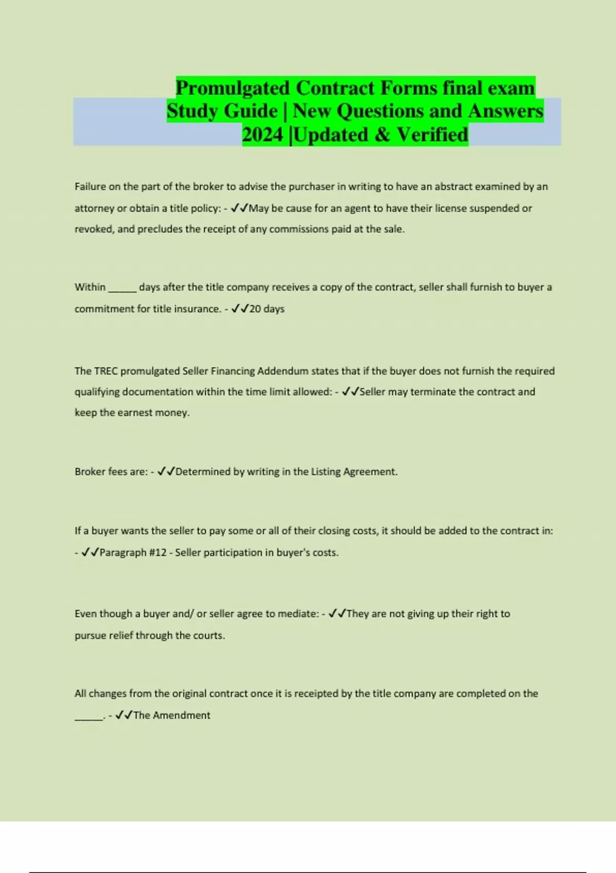 Promulgated Contract Forms final exam Study Guide | New Questions and ...