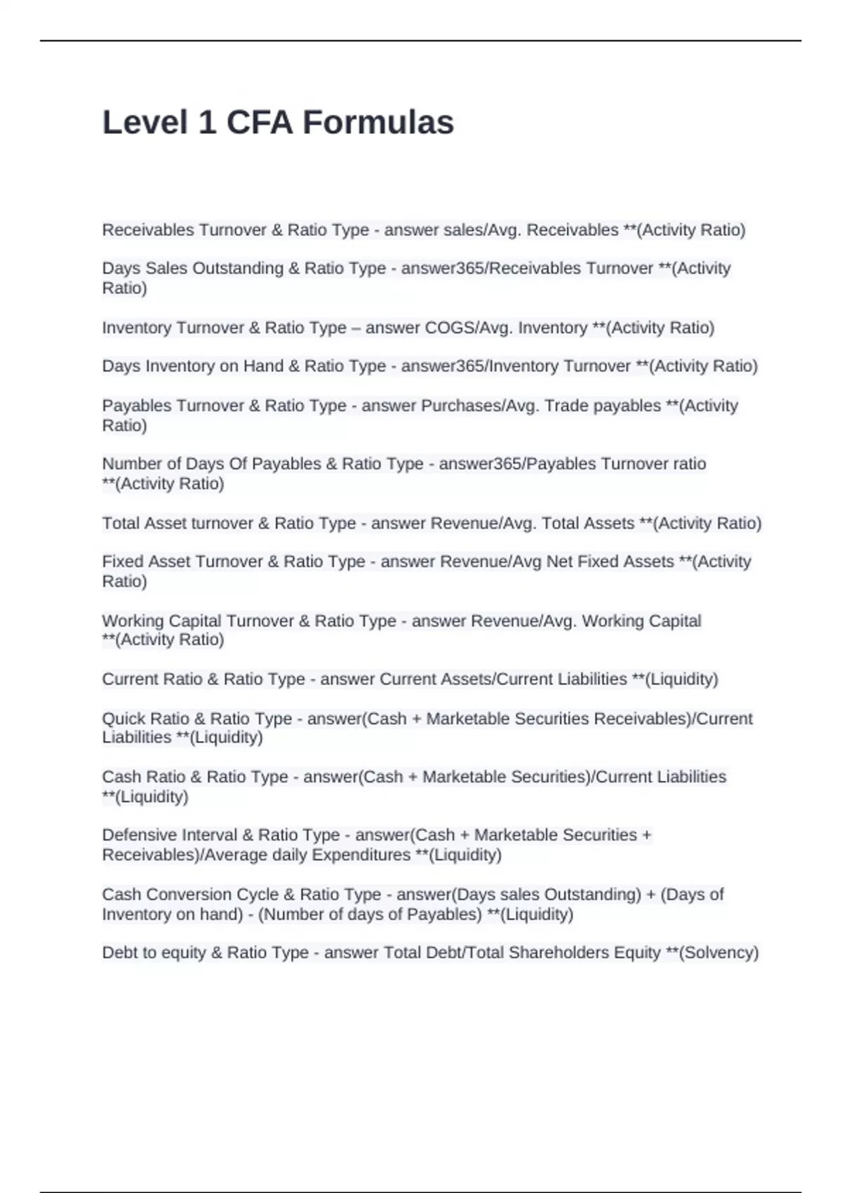 Level 1 CFA Formulas Questions with solutions - CFA - Stuvia UK