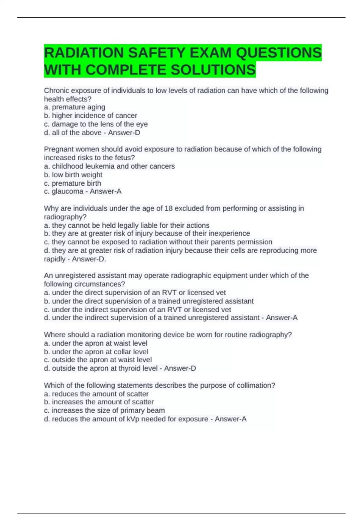 RADIATION SAFETY EXAM QUESTIONS WITH COMPLETE SOLUTIONS - RADIATION ...