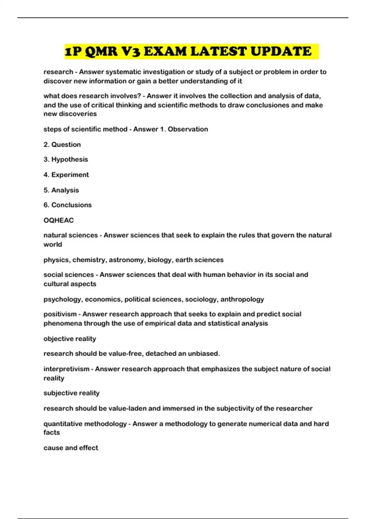 1P QMR V3 EXAM LATEST UPDATE - 1P QMR V3 - Stuvia US
