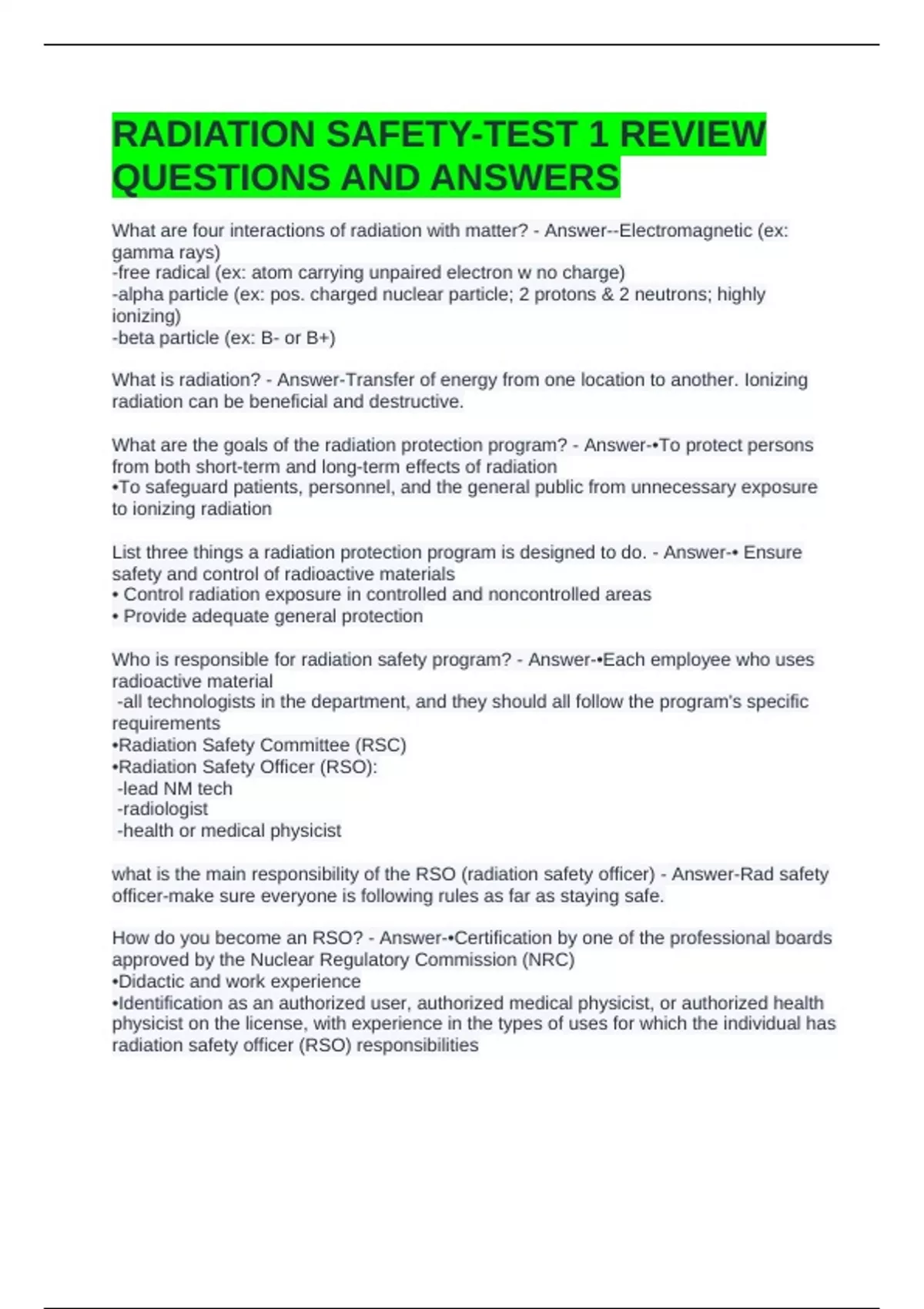 RADIATION SAFETY-TEST 1 REVIEW QUESTIONS AND ANSWERS - RADIATION ...