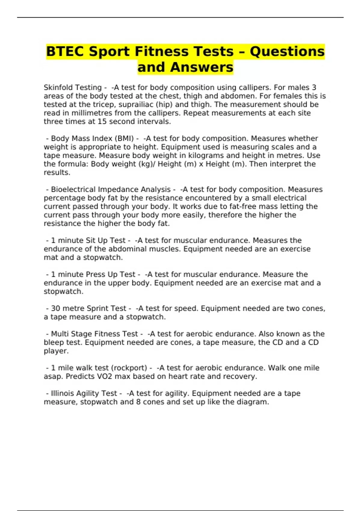 BTEC Sport Fitness Tests – Questions and Answers - BTEC Sport Fitness ...