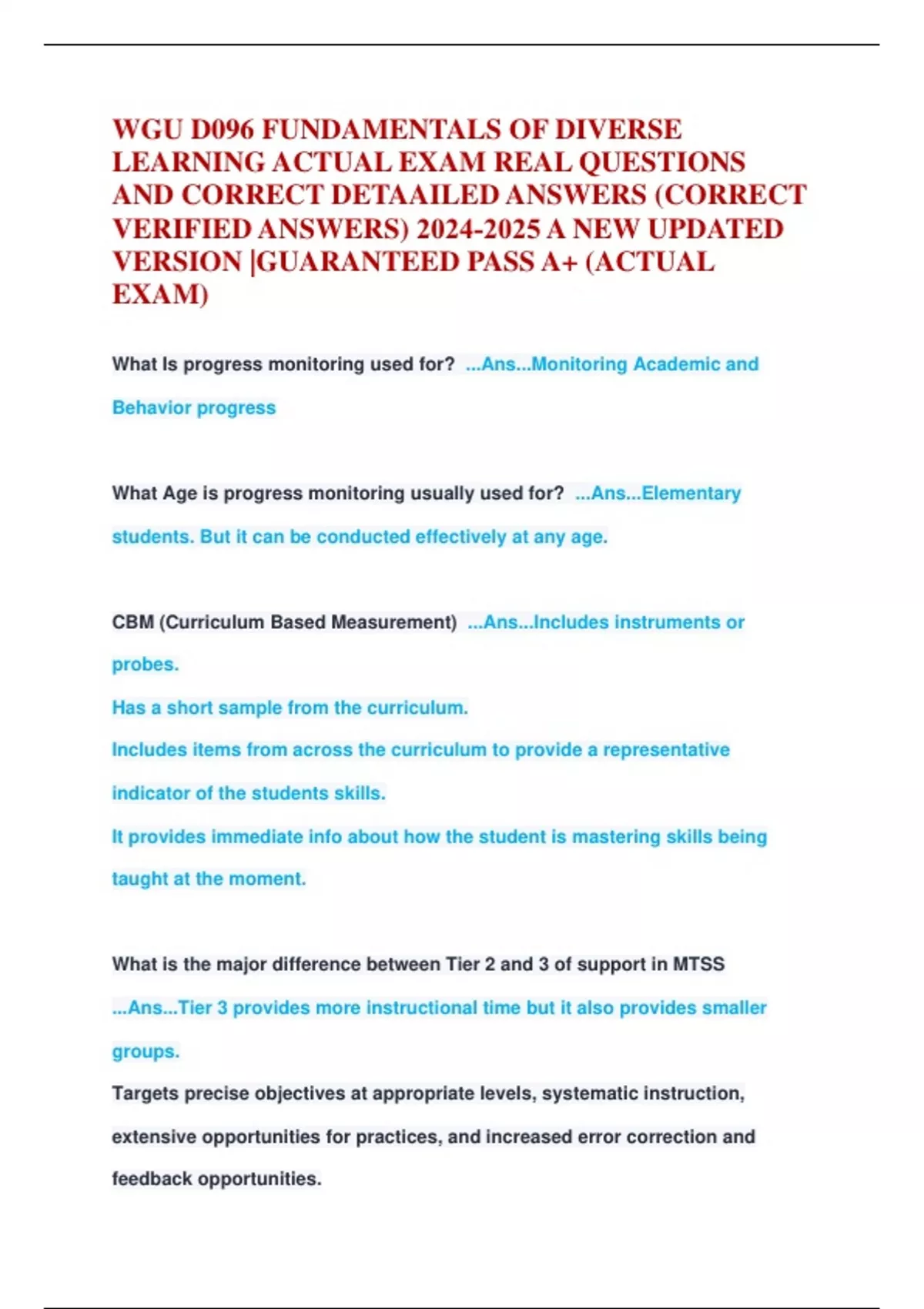 WGU D096 FUNDAMENTALS OF DIVERSE LEARNING ACTUAL EXAM REAL QUESTIONS ...