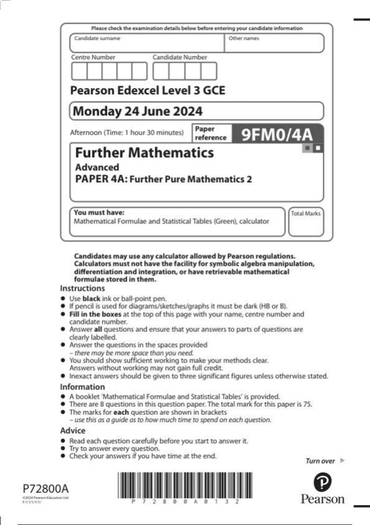 Pearson Edexcel Level 3 GCE Further Mathematics Advanced PAPER 4A ...
