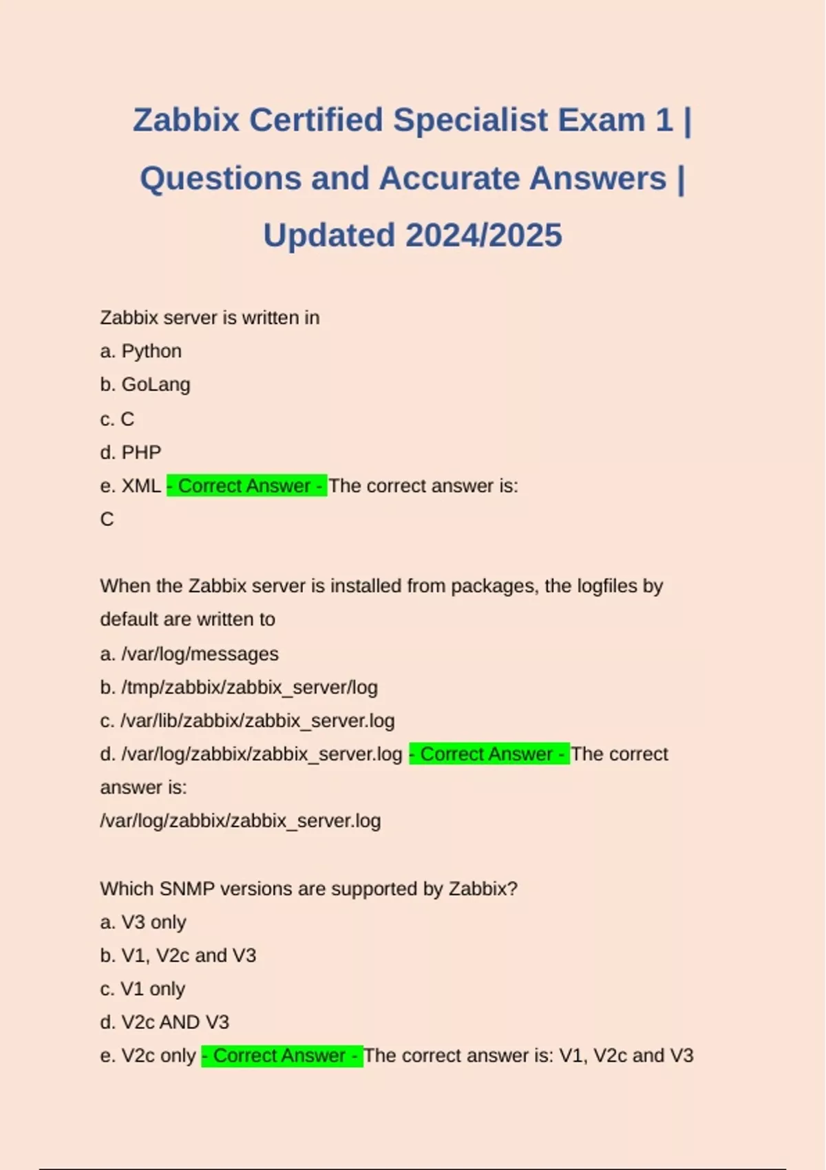 Zabbix Certified Specialist Exam 1 | Questions and Accurate Answers | Updated 2024/2025 - Zabbix ...