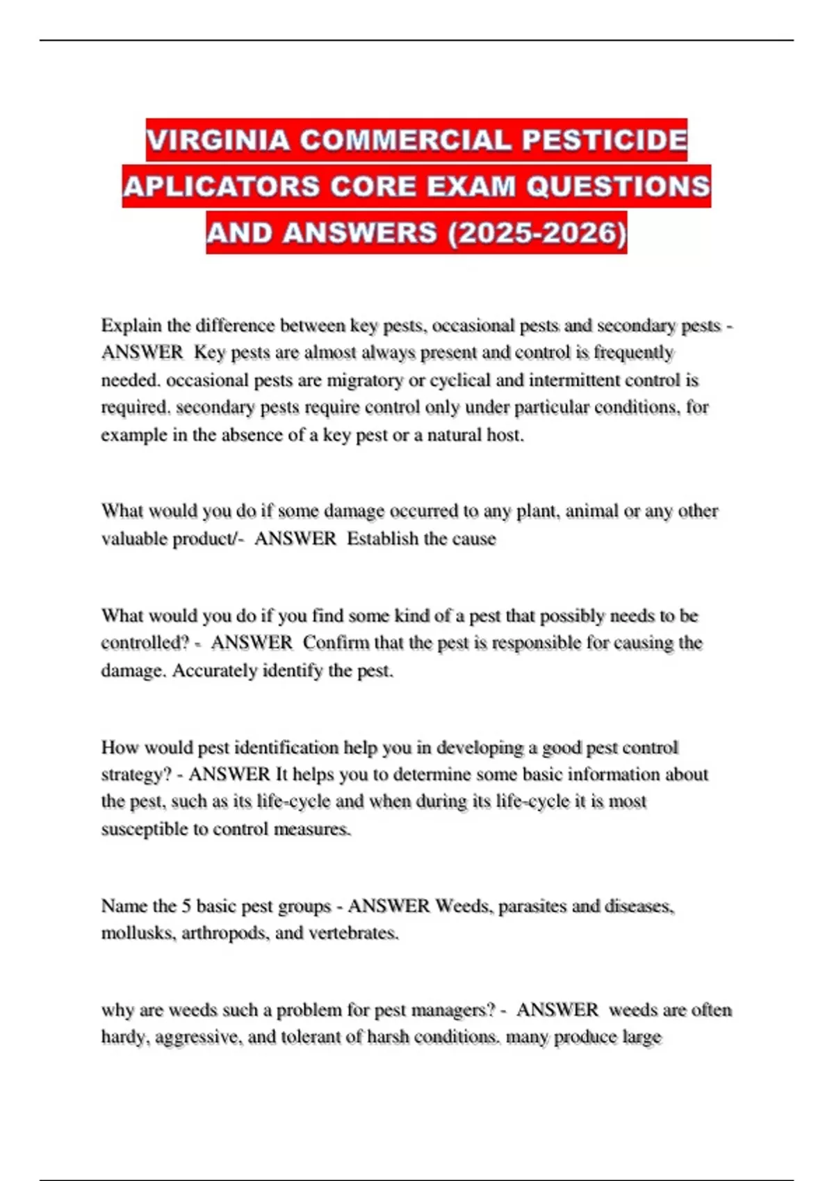 VIRGINIA COMMERCIAL PESTICIDE APLICATORS CORE EXAM QUESTIONS AND ...