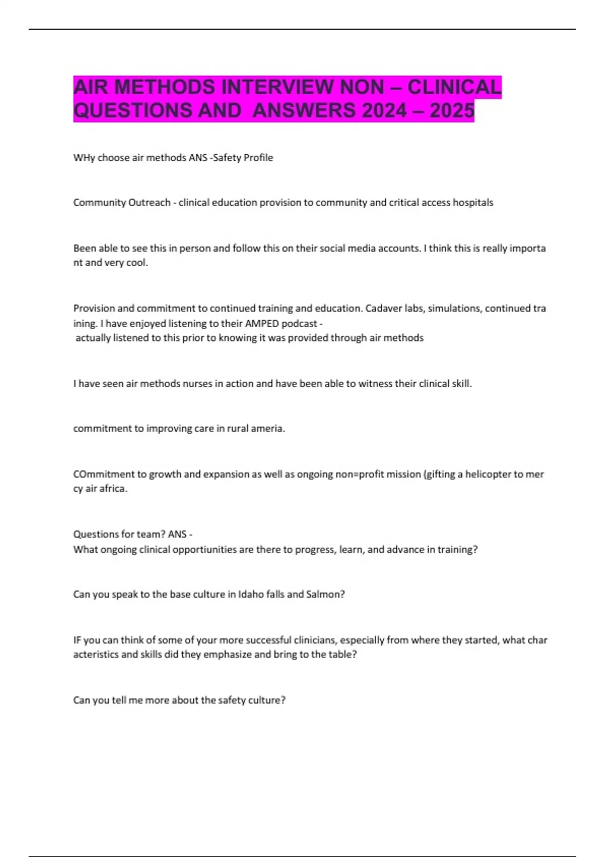 AIR METHODS INTERVIEW NON – CLINICAL QUESTIONS AND ANSWERS 2024 – 2025 ...