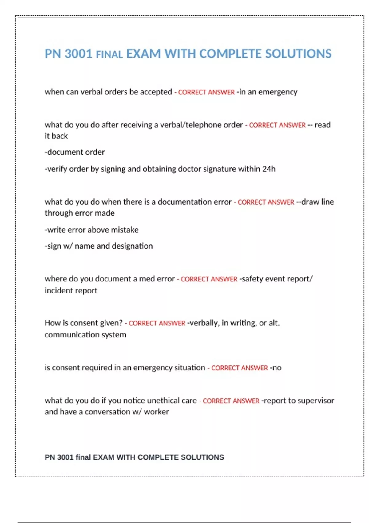 PN 3001 FINAL EXAM WITH COMPLETE SOLUTIONS - PN 3001 - Stuvia US