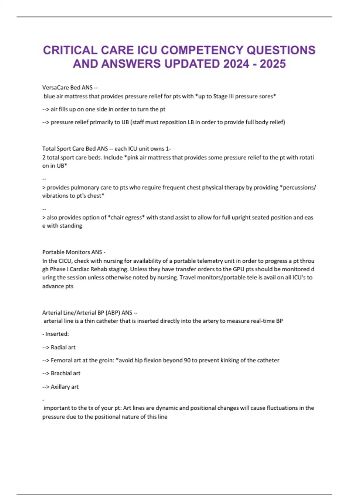 CRITICAL CARE ICU COMPETENCY QUESTIONS AND ANSWERS UPDATED - Air ...