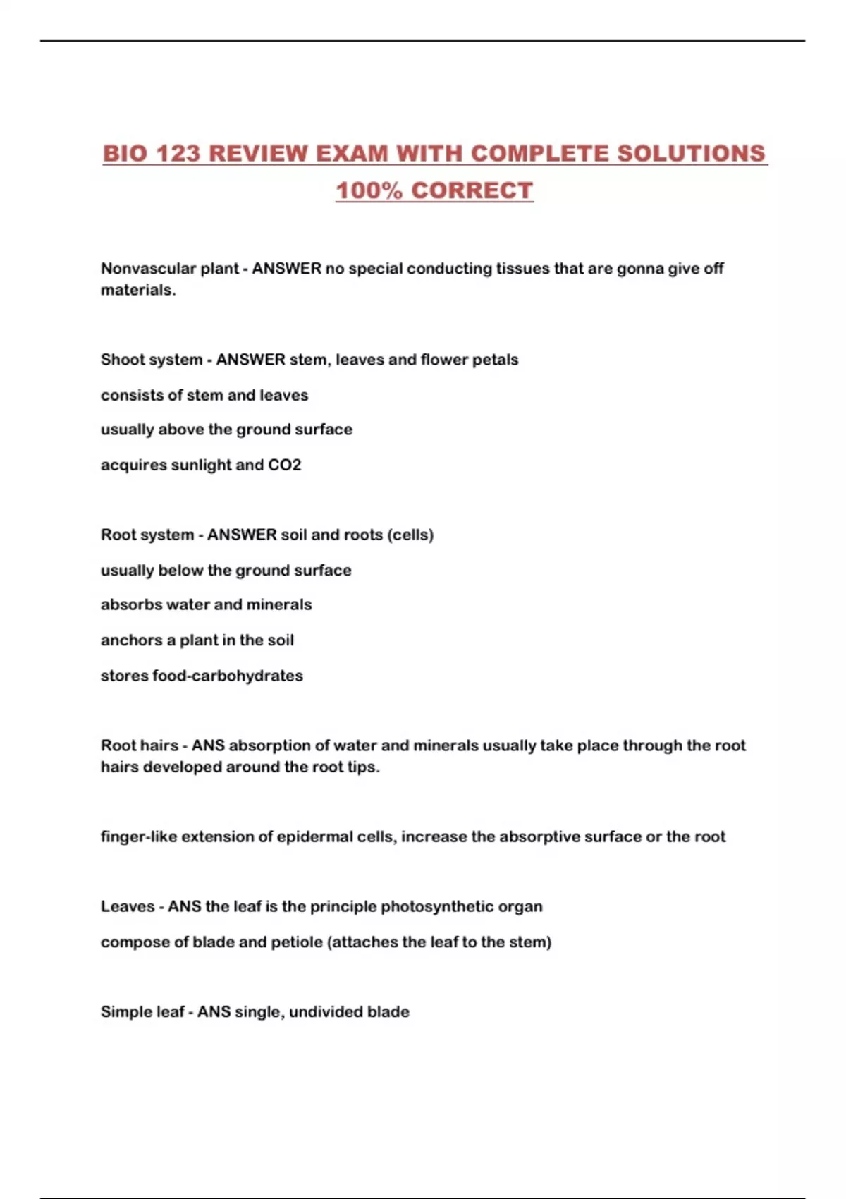 BIO 123 REVIEW EXAM WITH COMPLETE SOLUTIONS 100% CORRECT - BIO 123 ...