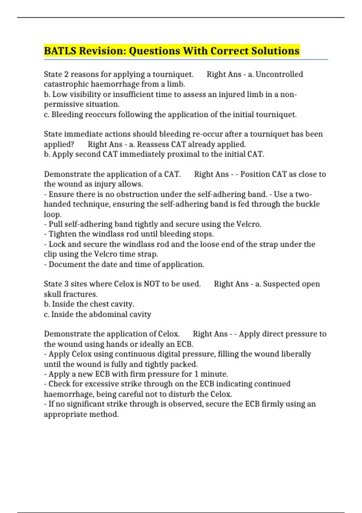 BATLS Revision: Questions With Correct Solutions - BATLS - Stuvia US