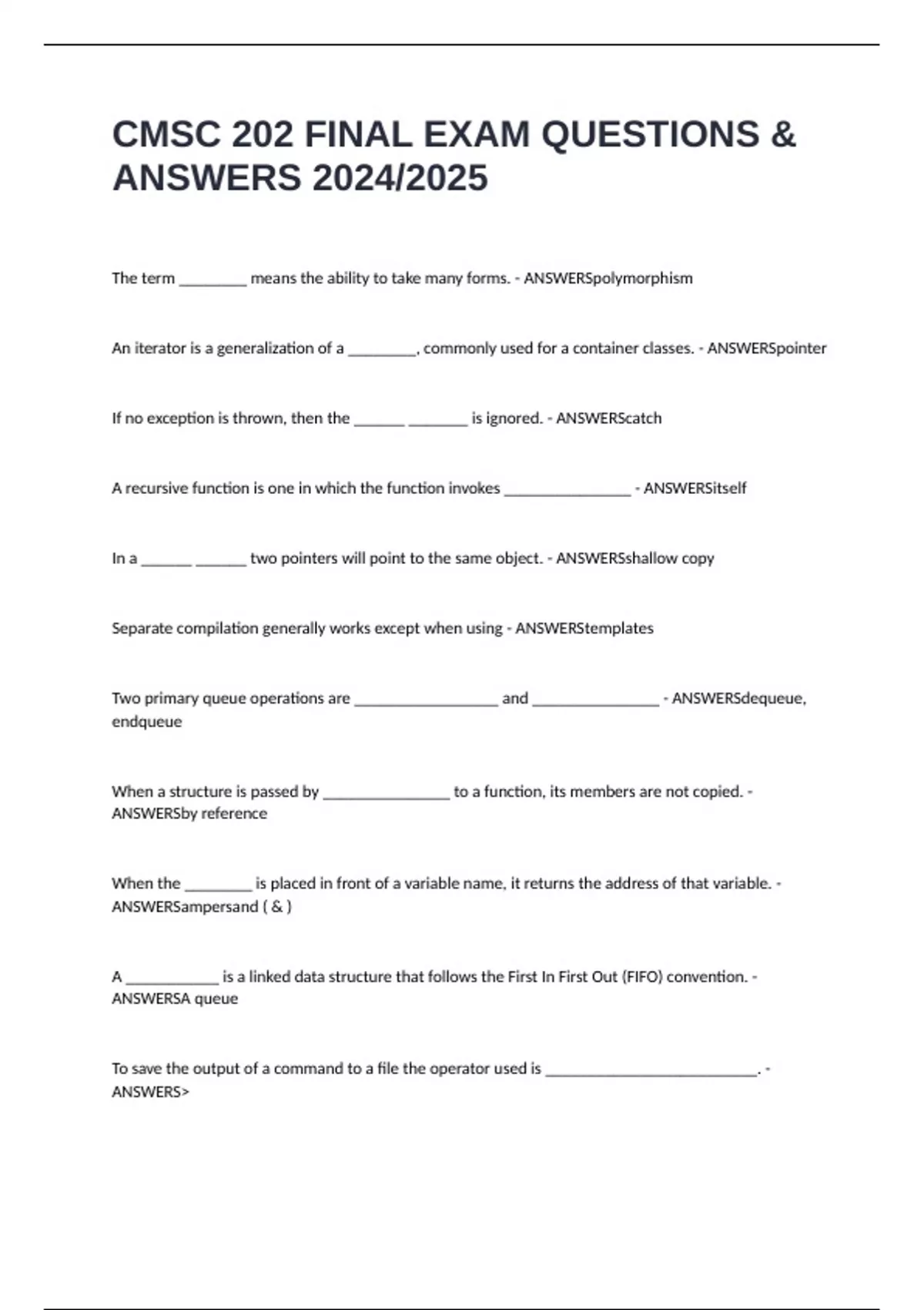 CMSC 202 FINAL EXAM QUESTIONS & ANSWERS 2024/2025 - CMSC 202 - Stuvia US