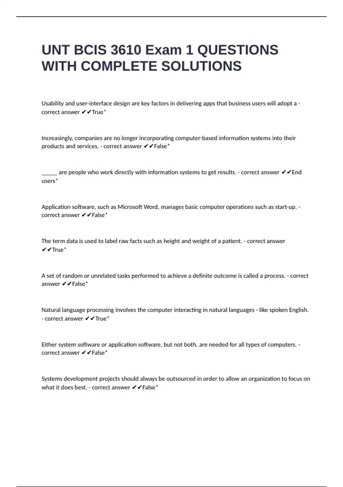 UNT BCIS 3610 Exam 1 QUESTIONS WITH COMPLETE SOLUTIONS - BCIS 3610 ...