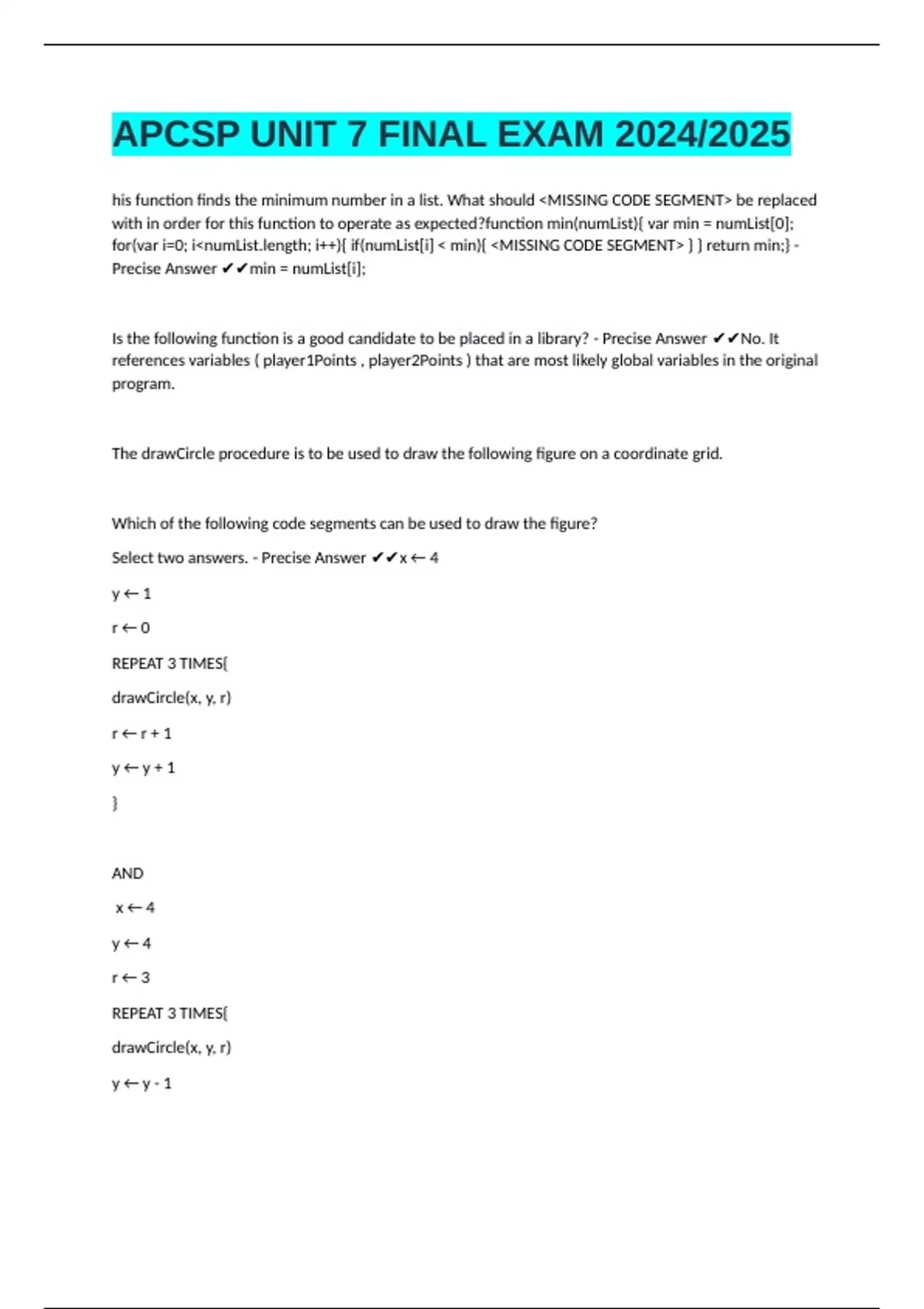 APCSP UNIT 7 FINAL EXAM 2024/2025 - APCSP UNIT 7 - Stuvia US