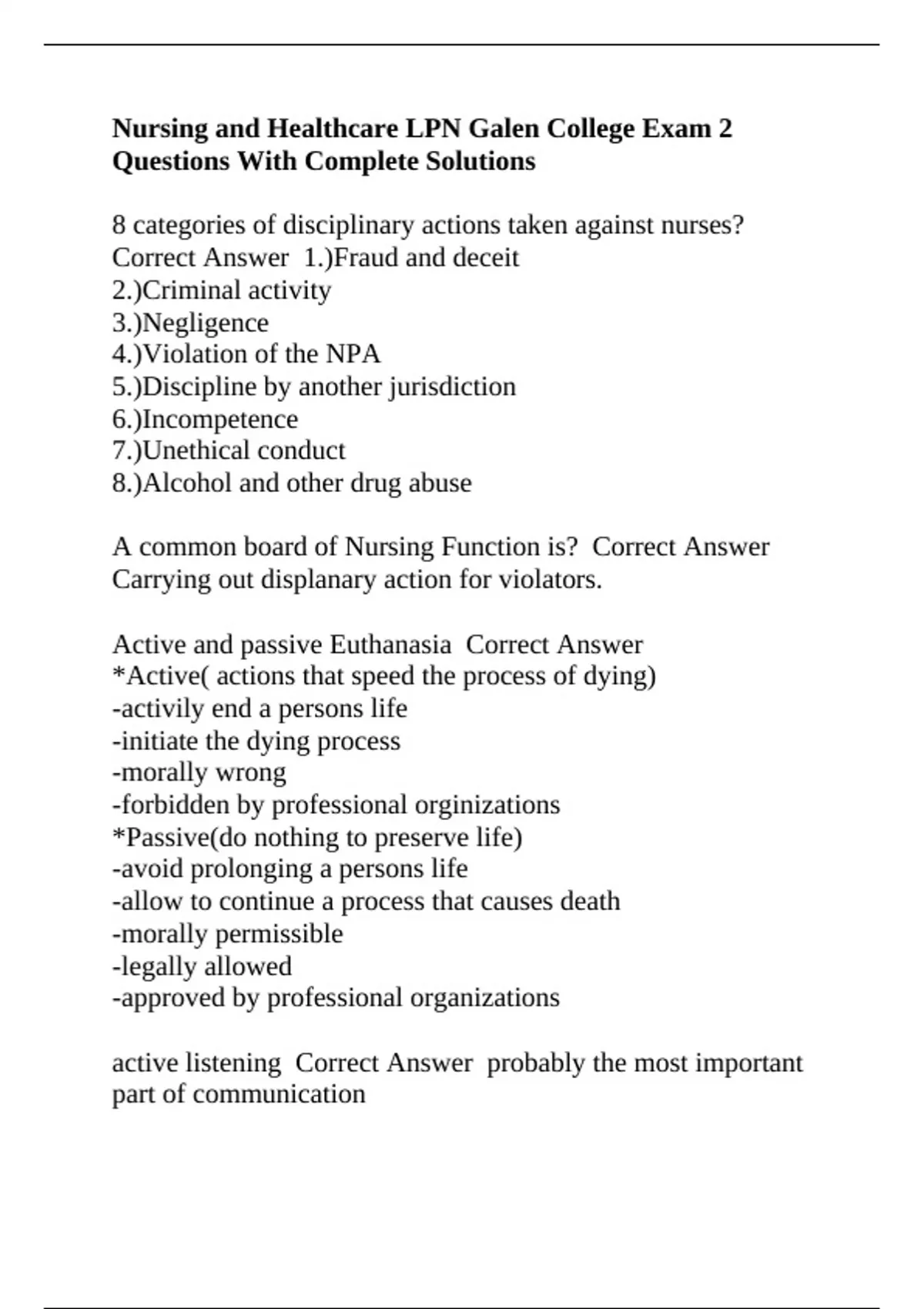 Nursing and Healthcare LPN Galen College Exam 2 Questions With Complete ...