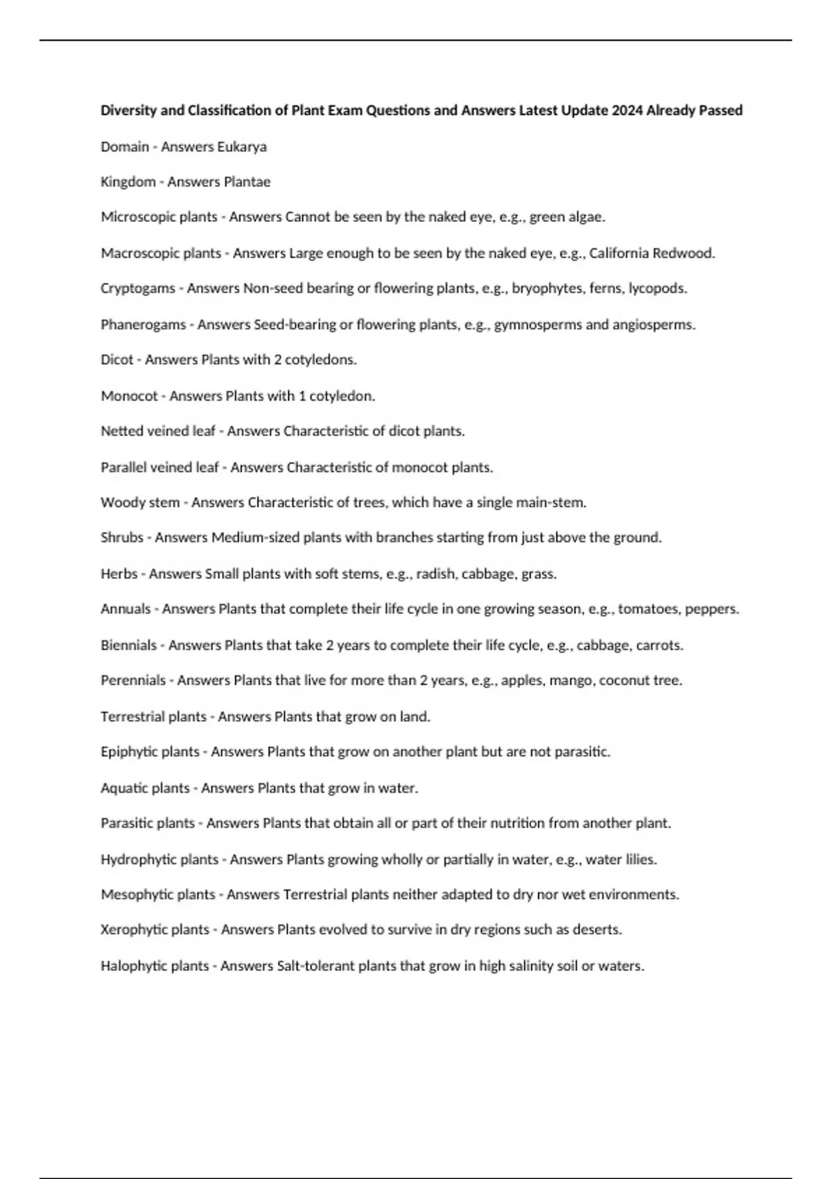 Diversity and Classification of Plant Exam Questions and Answers Latest ...