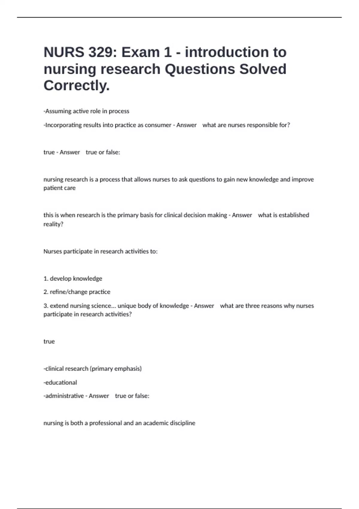 NURS 329: Exam 1 - introduction to nursing research Questions Solved ...