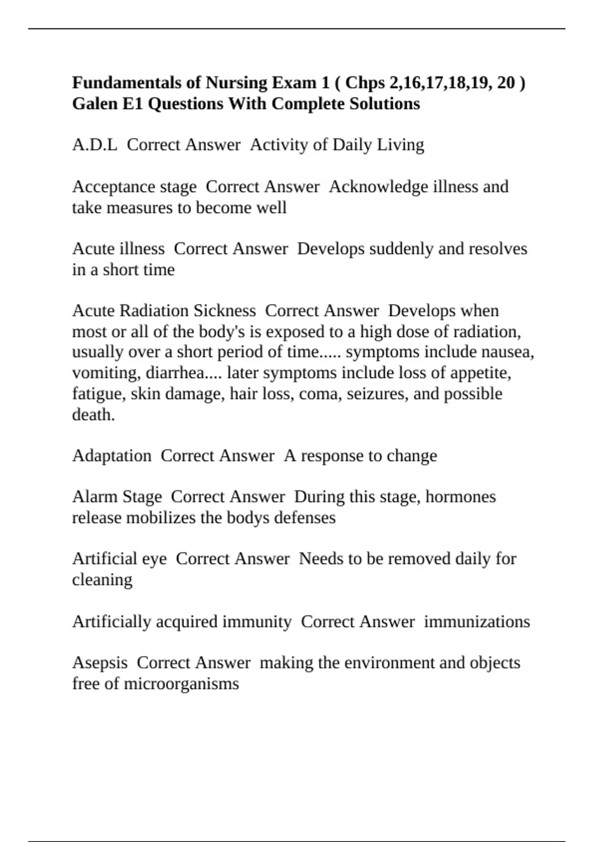 Fundamentals of Nursing Exam 1 ( Chps 2,16,17,18,19, 20 ) Galen E1 Questions With Complete ...