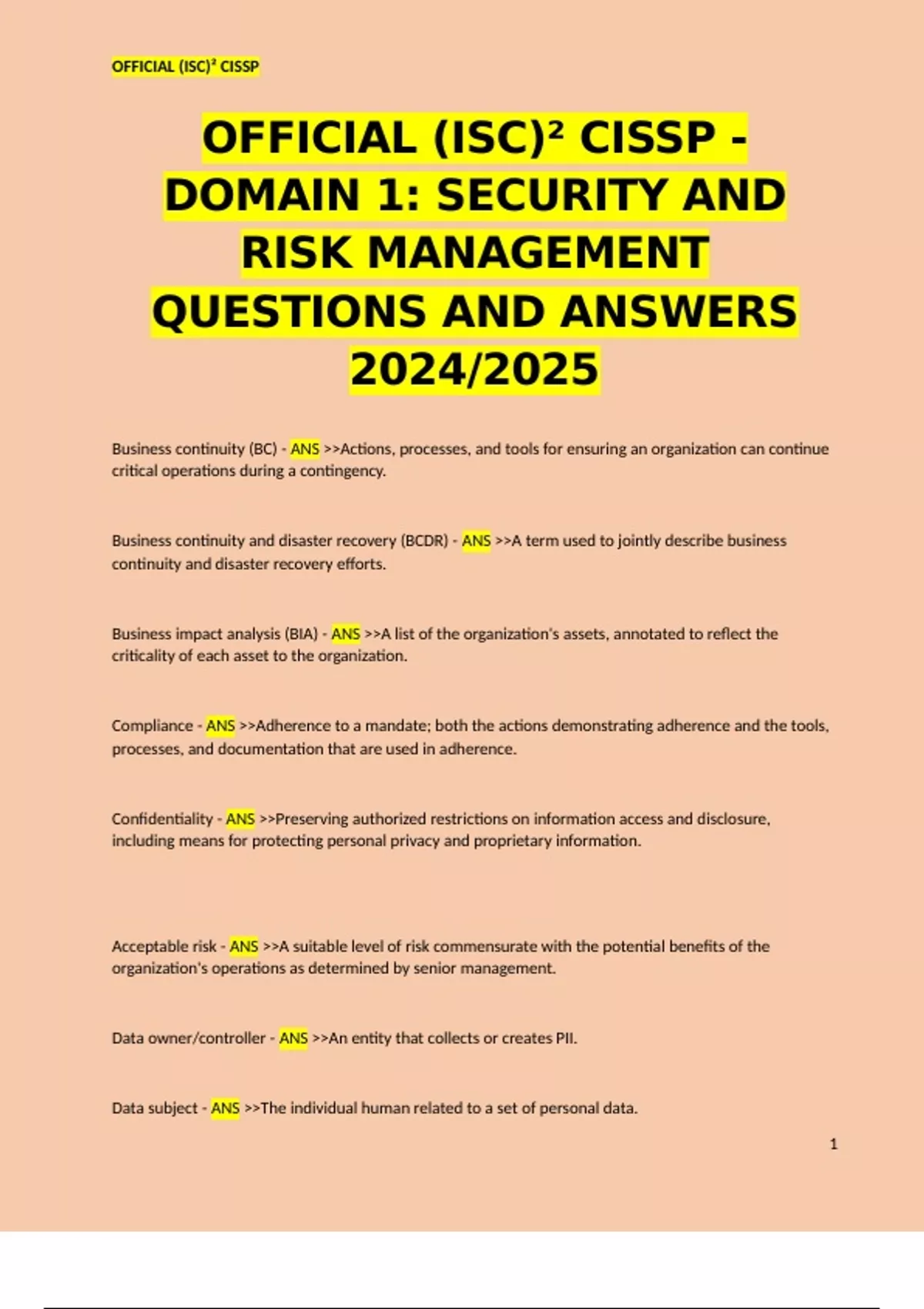 Official Isc ² Cissp Domain 1 Security And Risk Management Questions And Answers 2024 2025