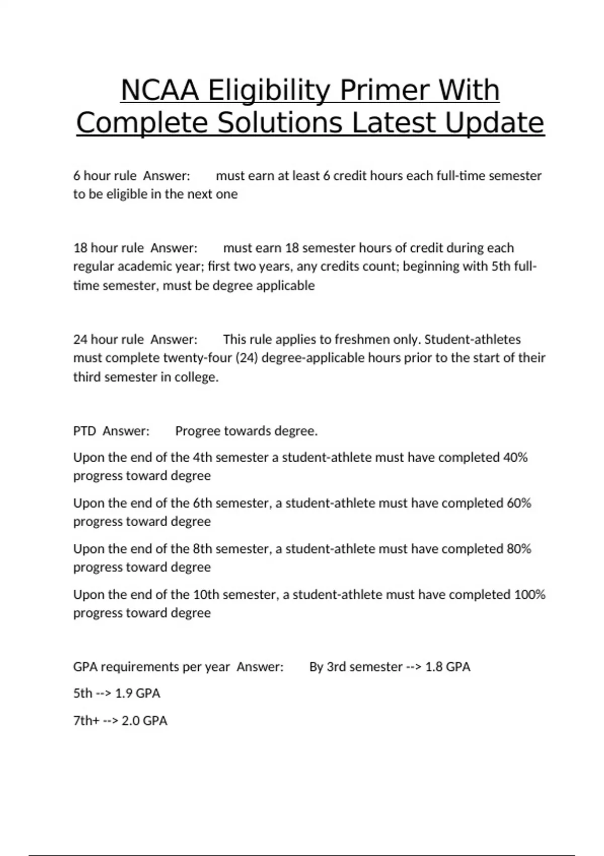 NCAA Eligibility Primer With Complete Solutions Latest Update - NCAA ...